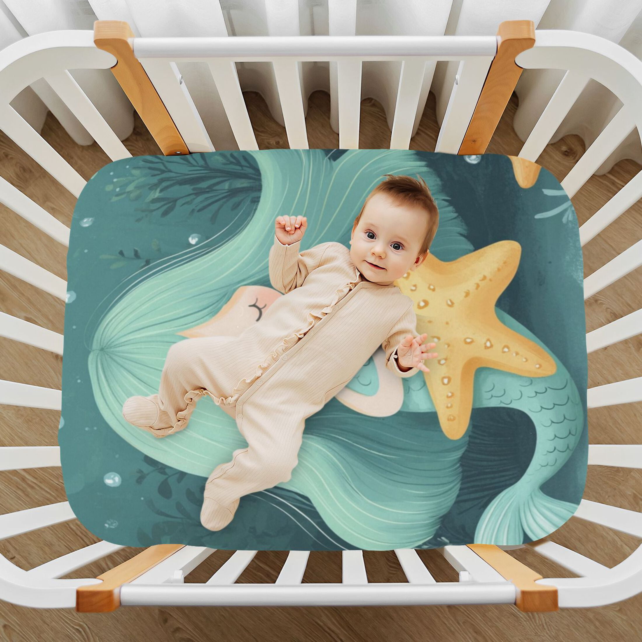 WOBOGO Cute Mermaid Holding Starfish Baby Crib Sheets Super Soft ...