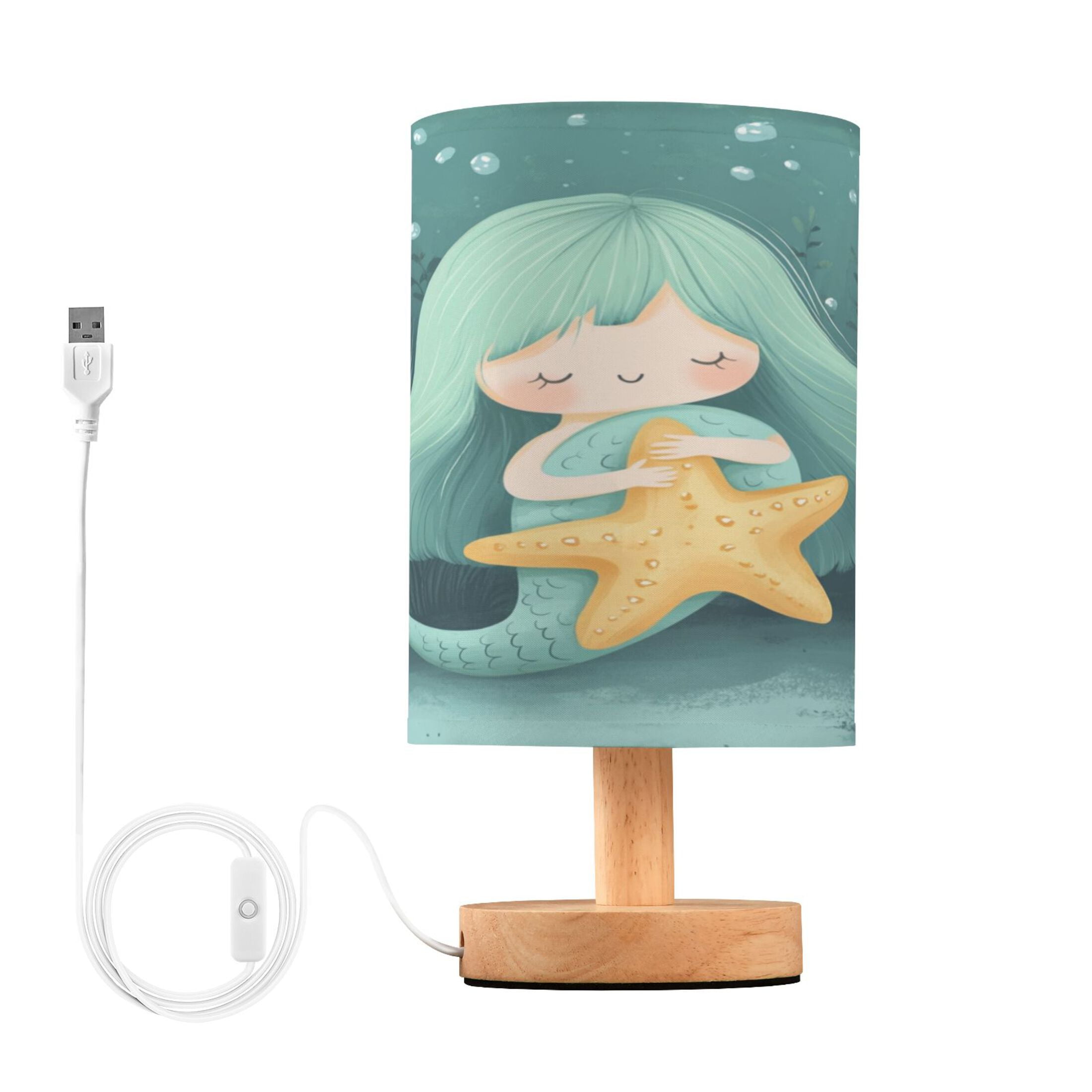 WOBOGO Cute Mermaid Holding Starfish Bedroom Table Lamp USB Power ...