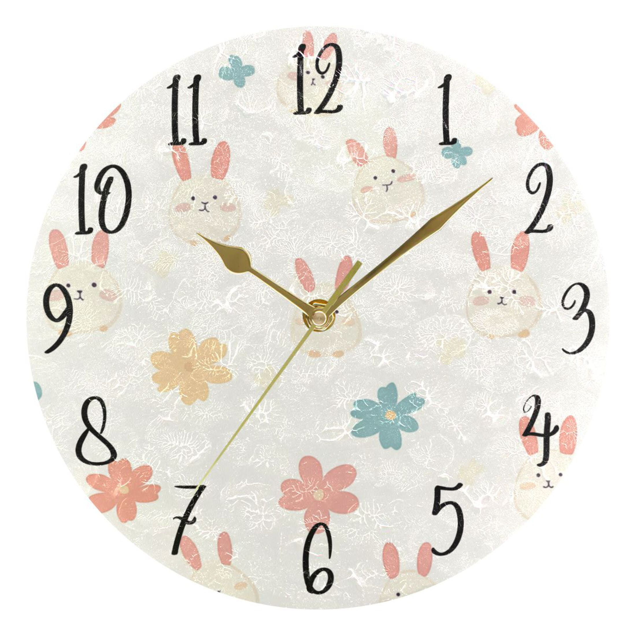 WOBOGO Cute Rabbit Pattern Wall Clock 10in Silent Mechanism Battery ...