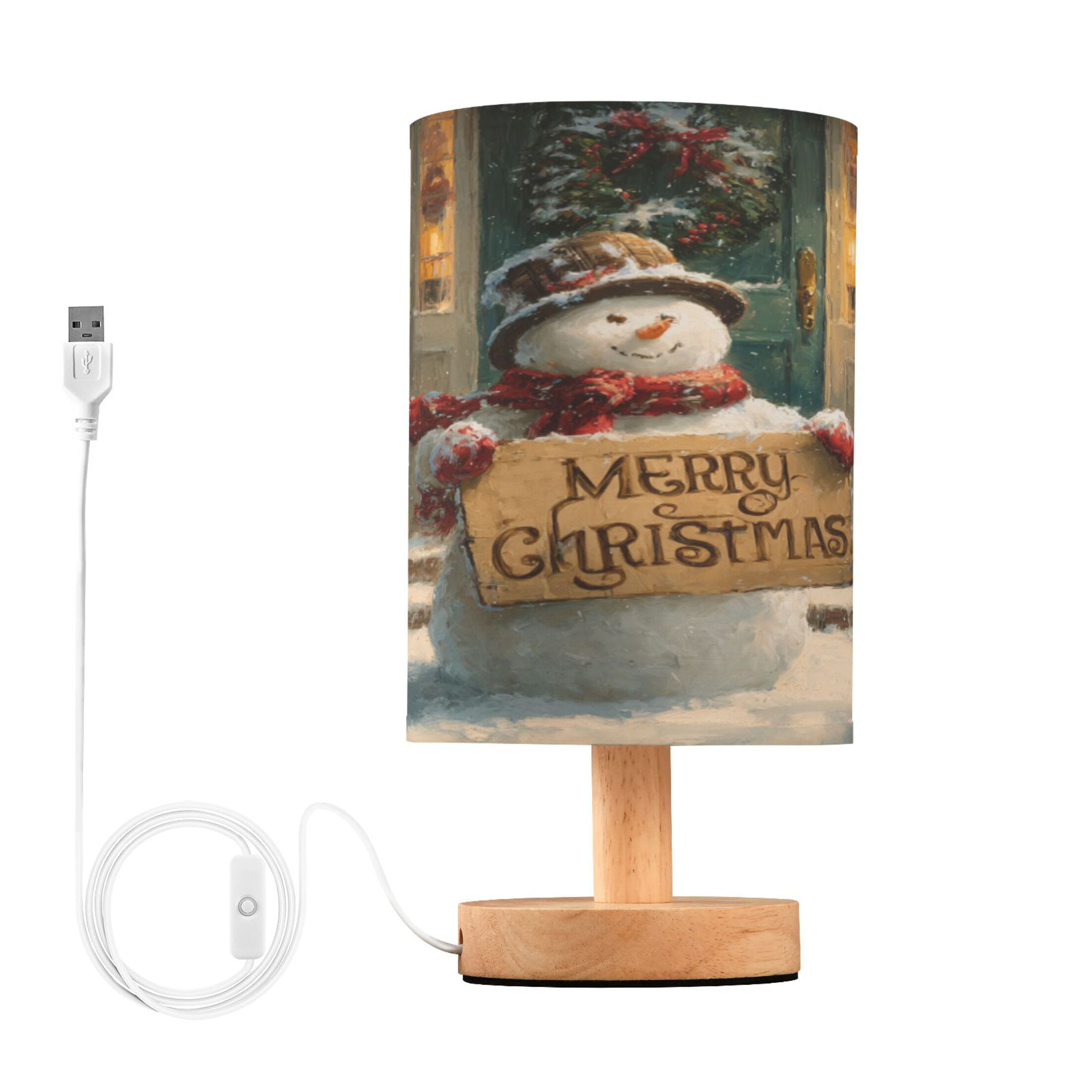 WOBOGO Cute Snowman Bedroom Table Lamp USB Power Connector Wooden Base ...