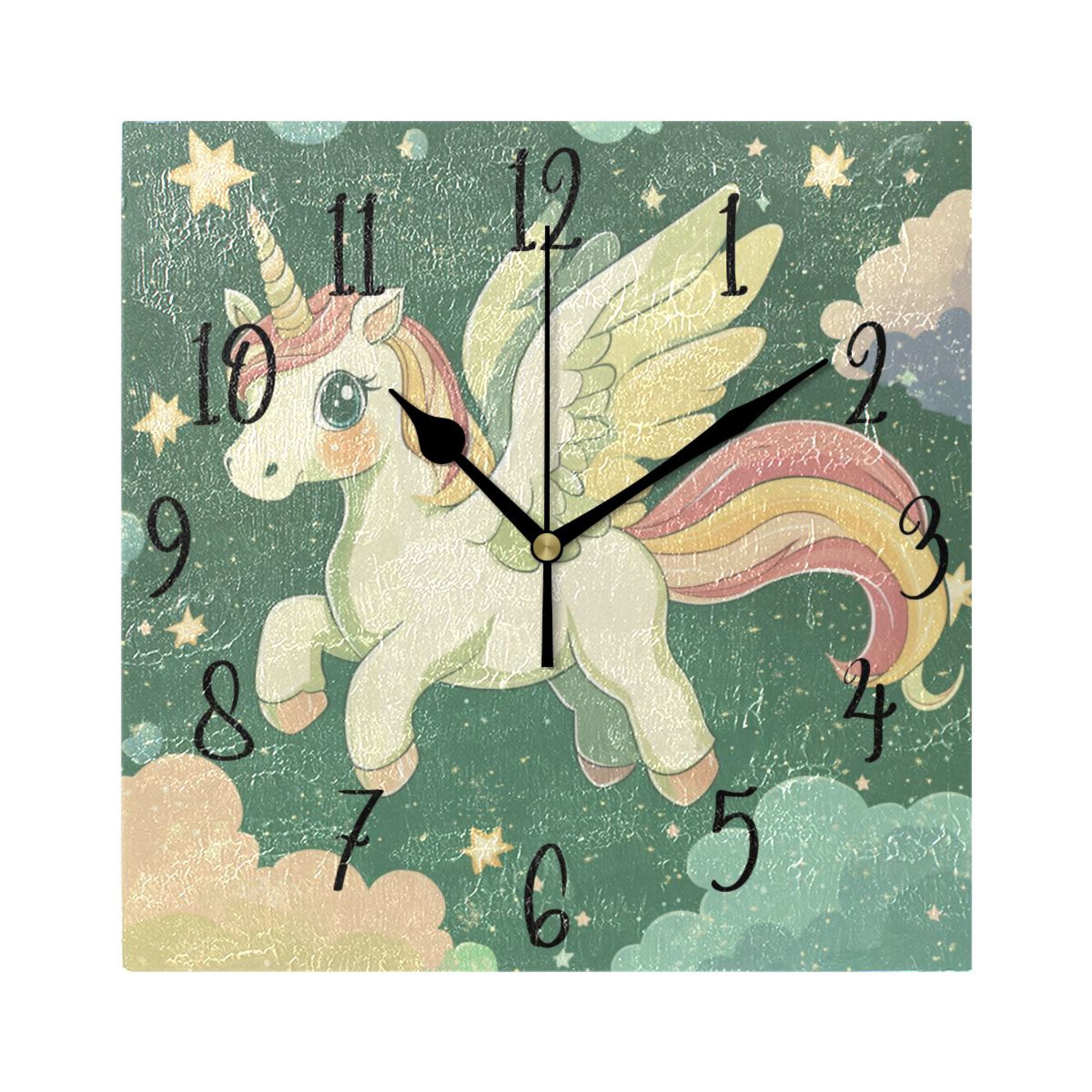 WOBOGO Cute Unicorn Green Pattern Wall Clock 7.78 Inch Battery Operated ...