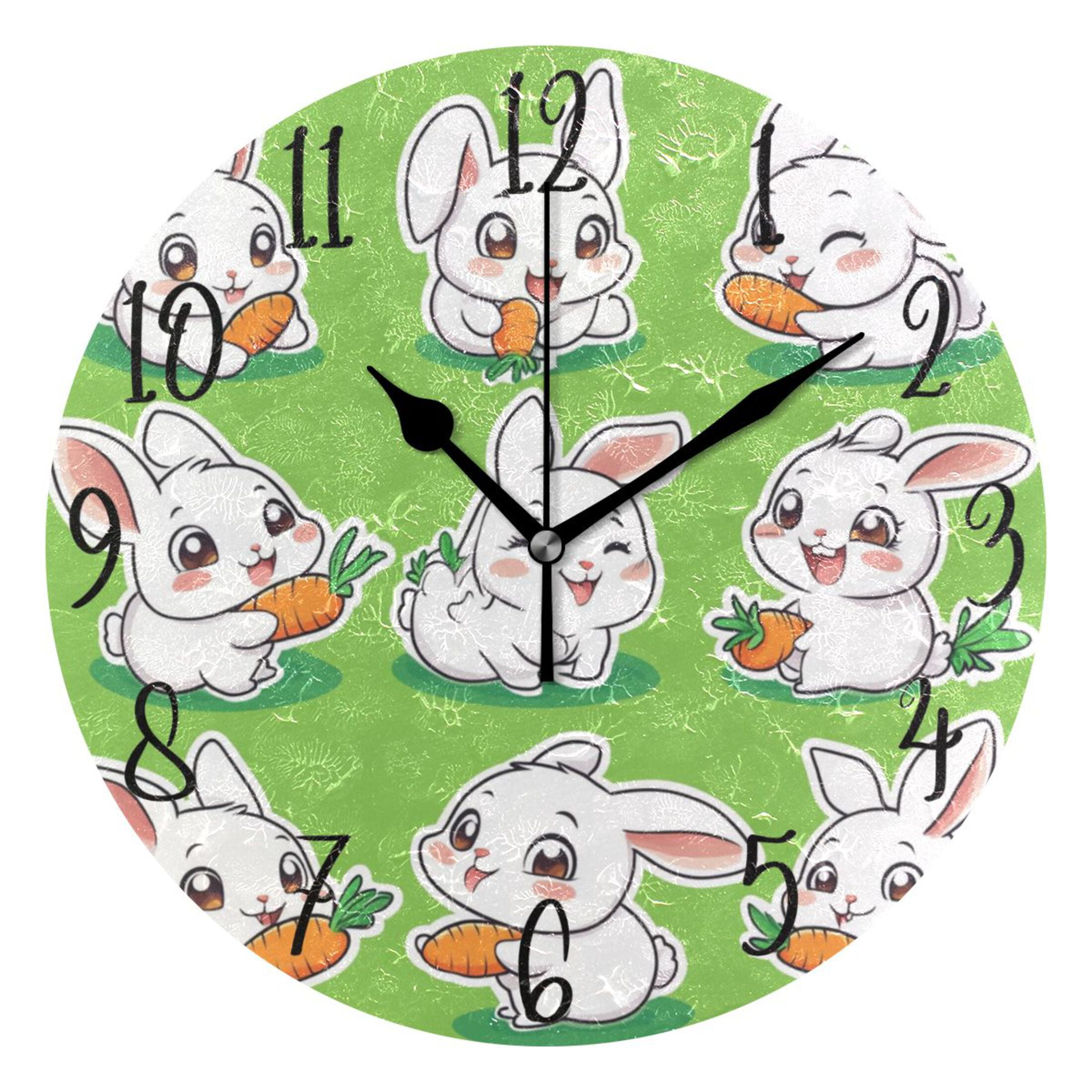 WOBOGO Cute White Rabbits Eating Carrots Wall Clock 10in Silent ...