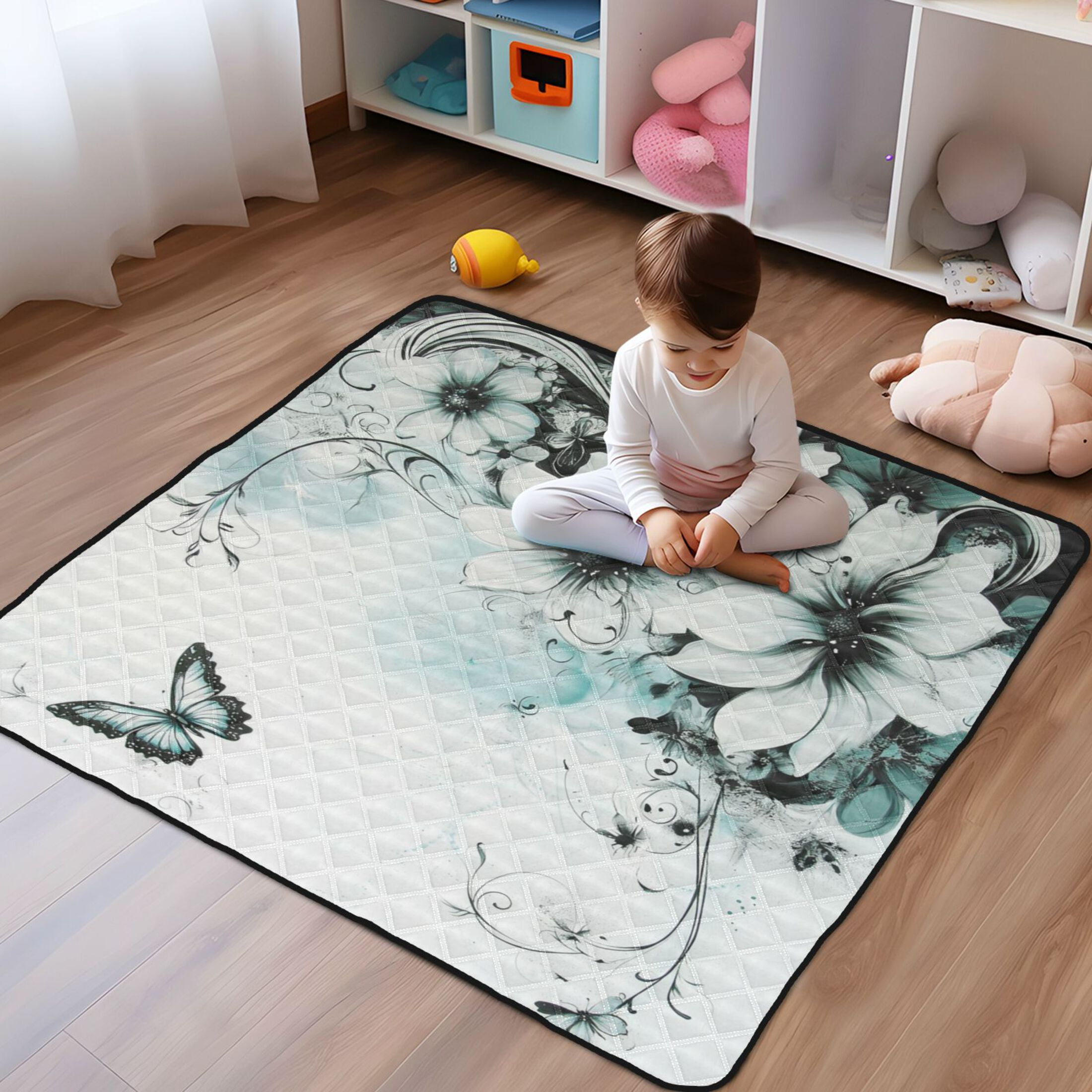 WOBOGO Cyan Flowers Baby Playmats Extra Large Waterproof Rollable ...