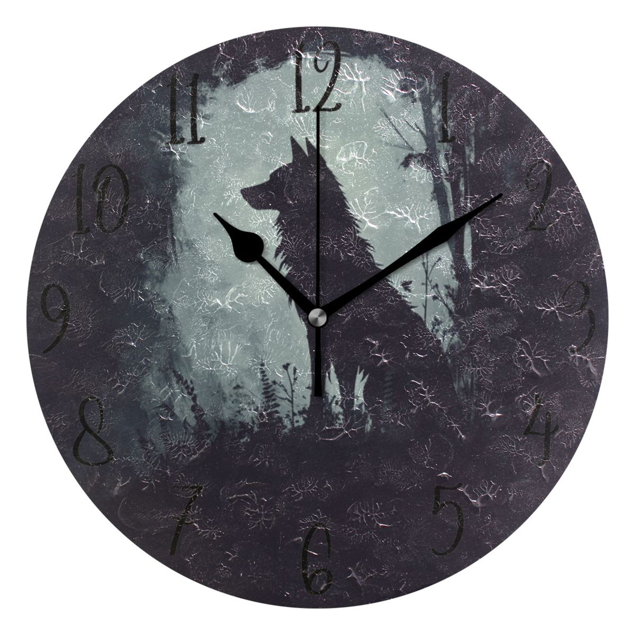 WOBOGO Dark Wolf Wall Clock 10in Silent Mechanism Battery Operated Retro Style for Living Room ...