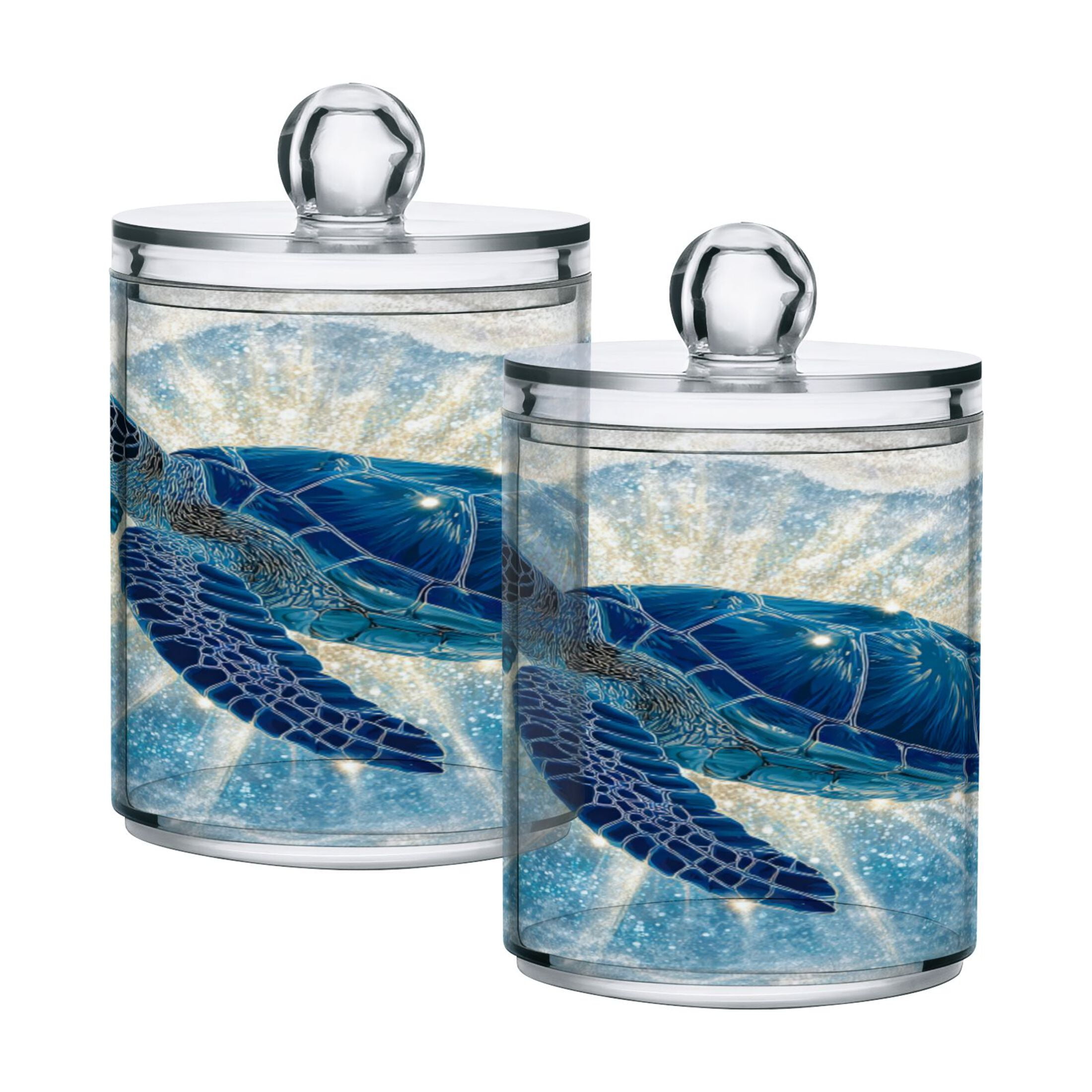 WOBOGO Deep Blue Sea Turtle Transparent Plastic Jar 4pcs Cotton Swabs ...
