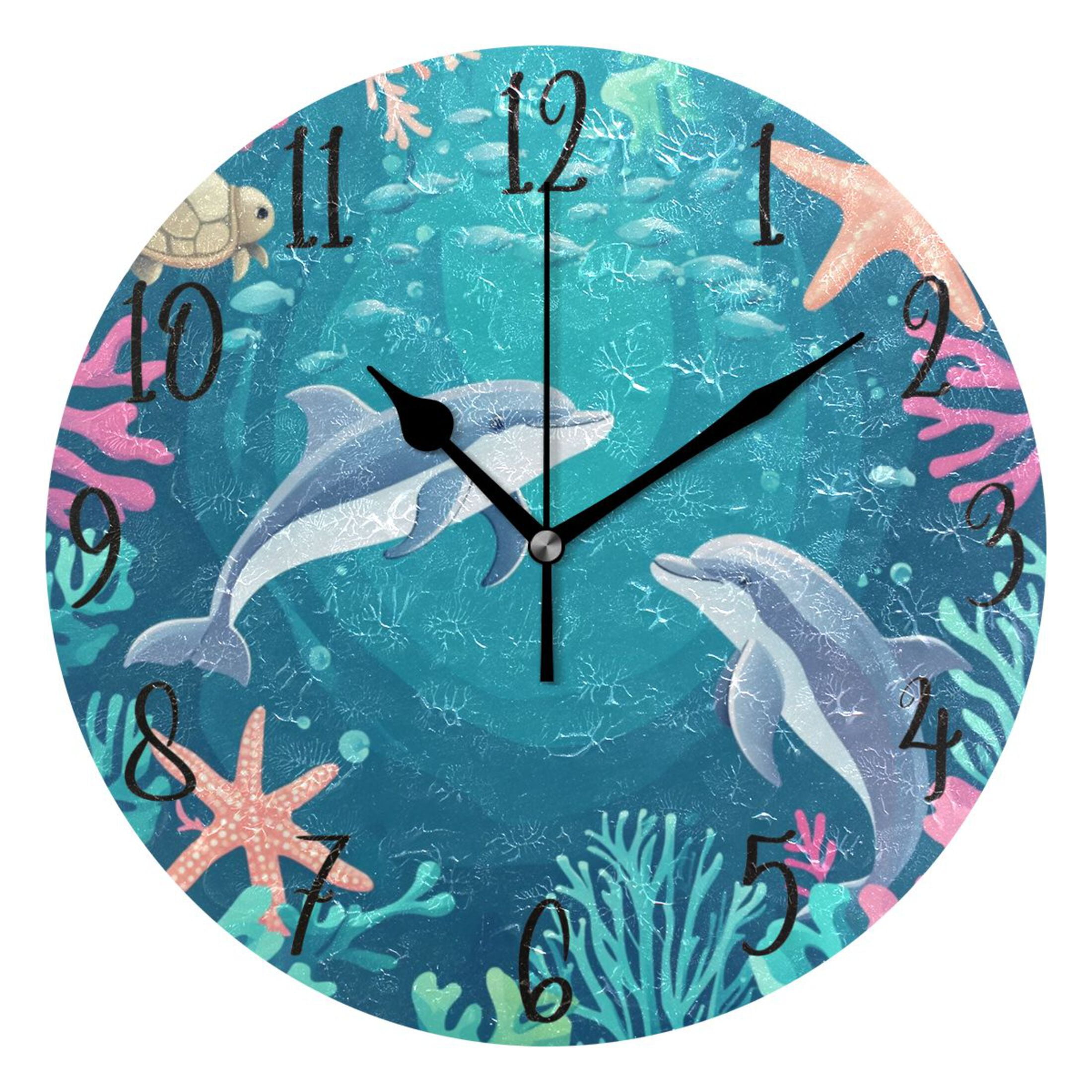 WOBOGO Dolphin Playful Picture Wall Clock 10in Silent Mechanism Battery ...