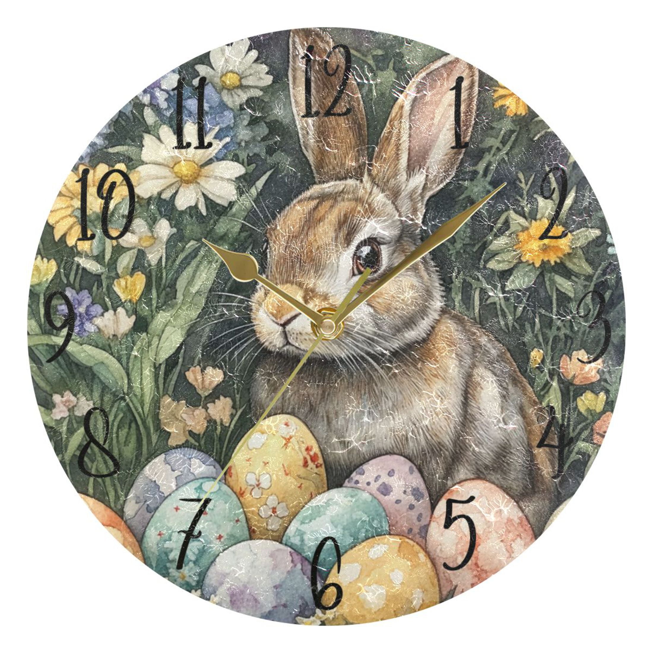 WOBOGO Easter Gray Bunny Wall Clock 10in Silent Mechanism Battery ...