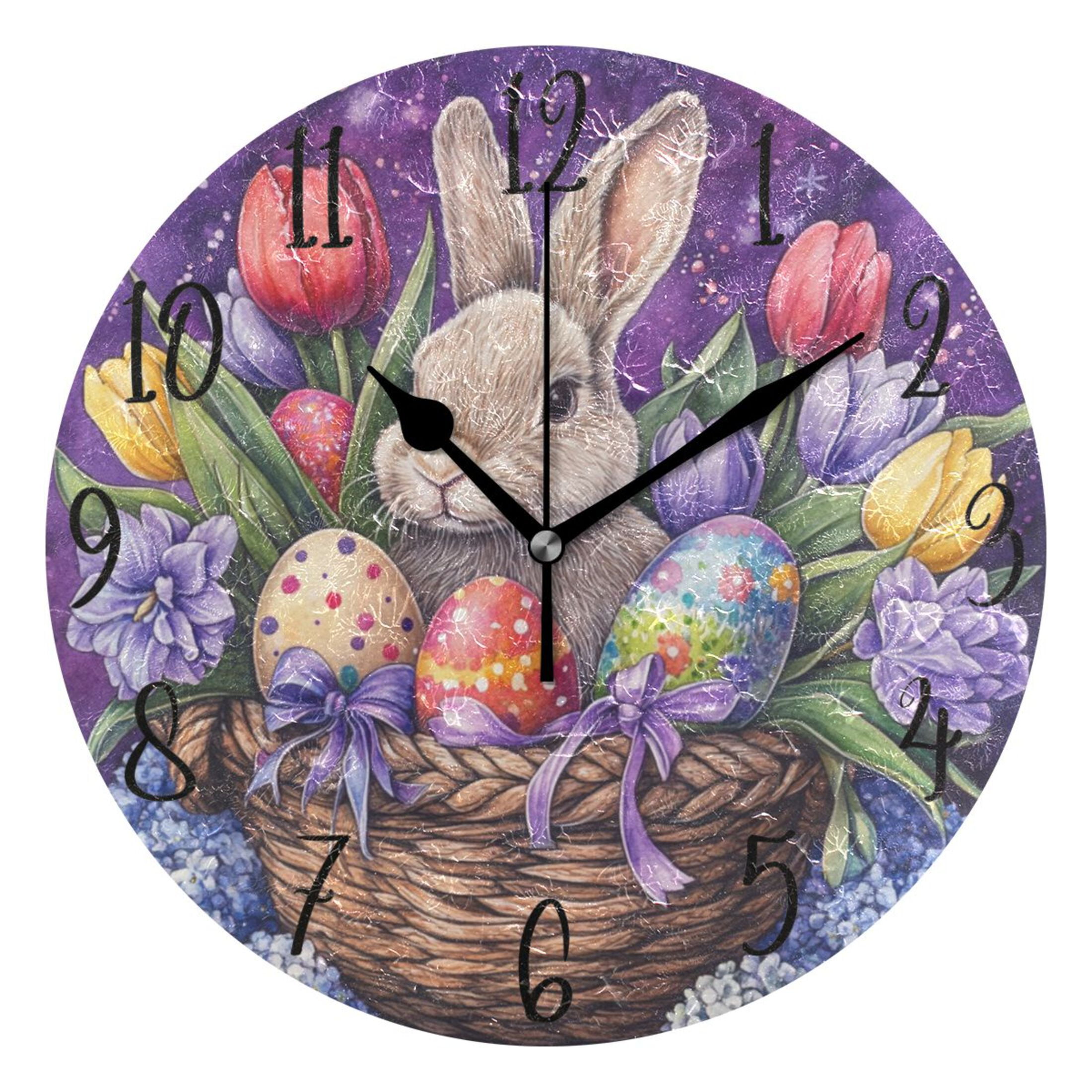 WOBOGO Easter Rabbit Purple Pattern Wall Clock 10in Silent Mechanism ...