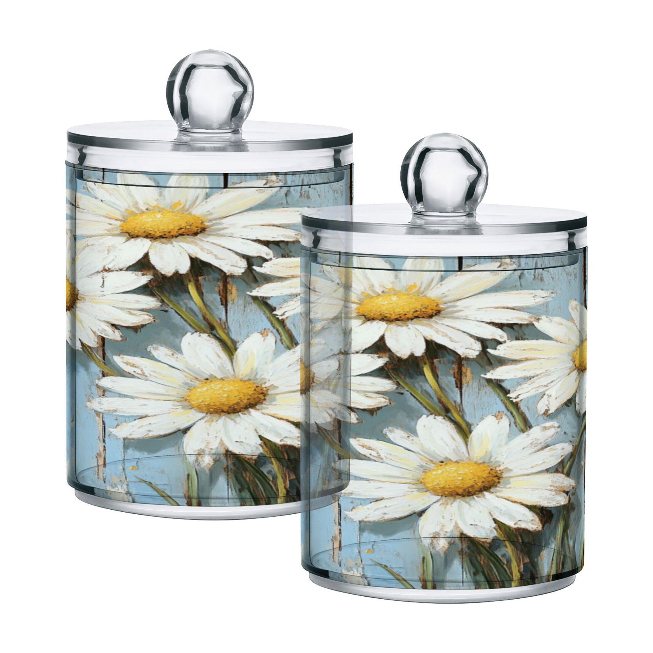 WOBOGO Elegant Daisy Transparent Plastic Jar 4pcs Cotton Swabs Balls ...