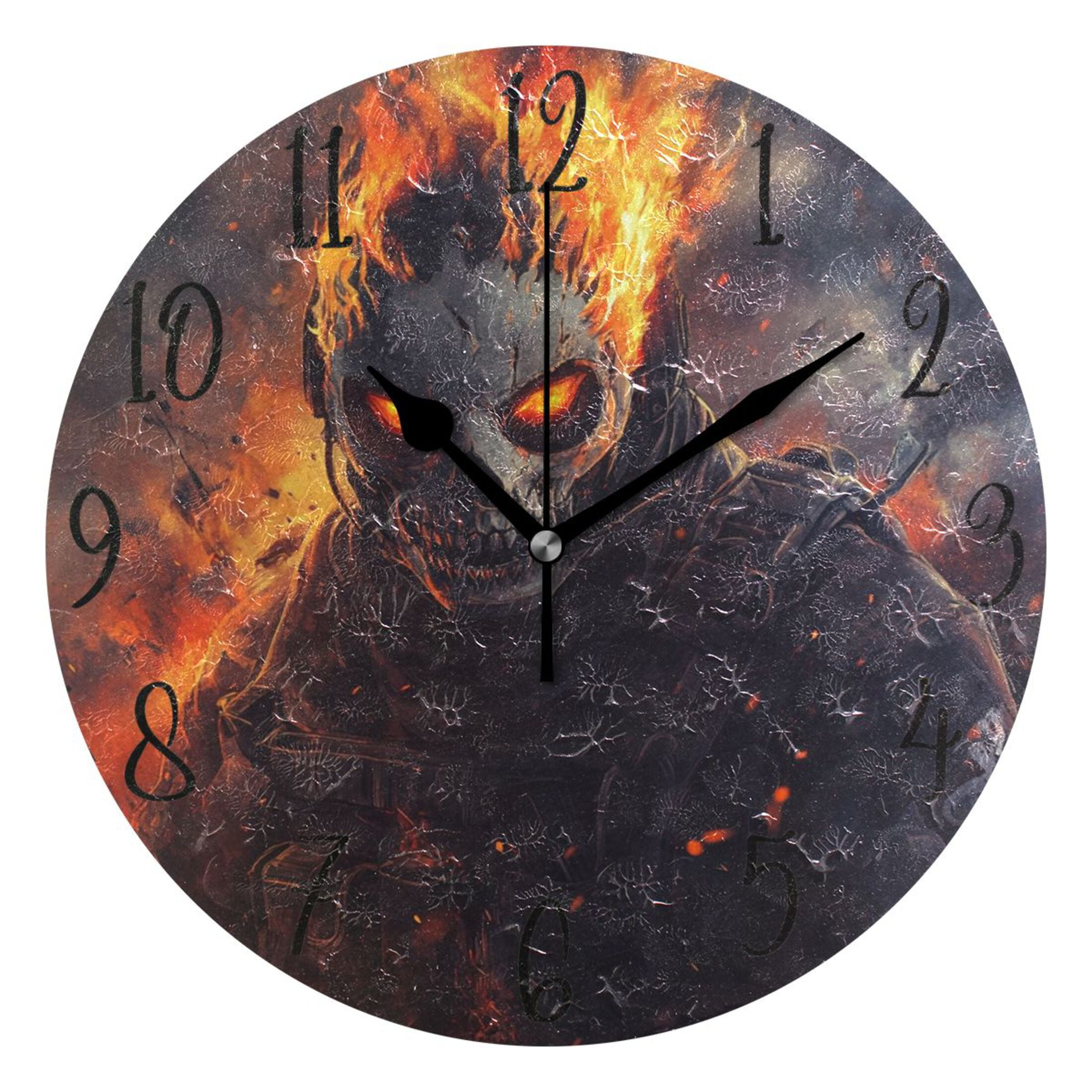 WOBOGO Flaming Skull Mask Wall Clock 10in Silent Mechanism Battery ...