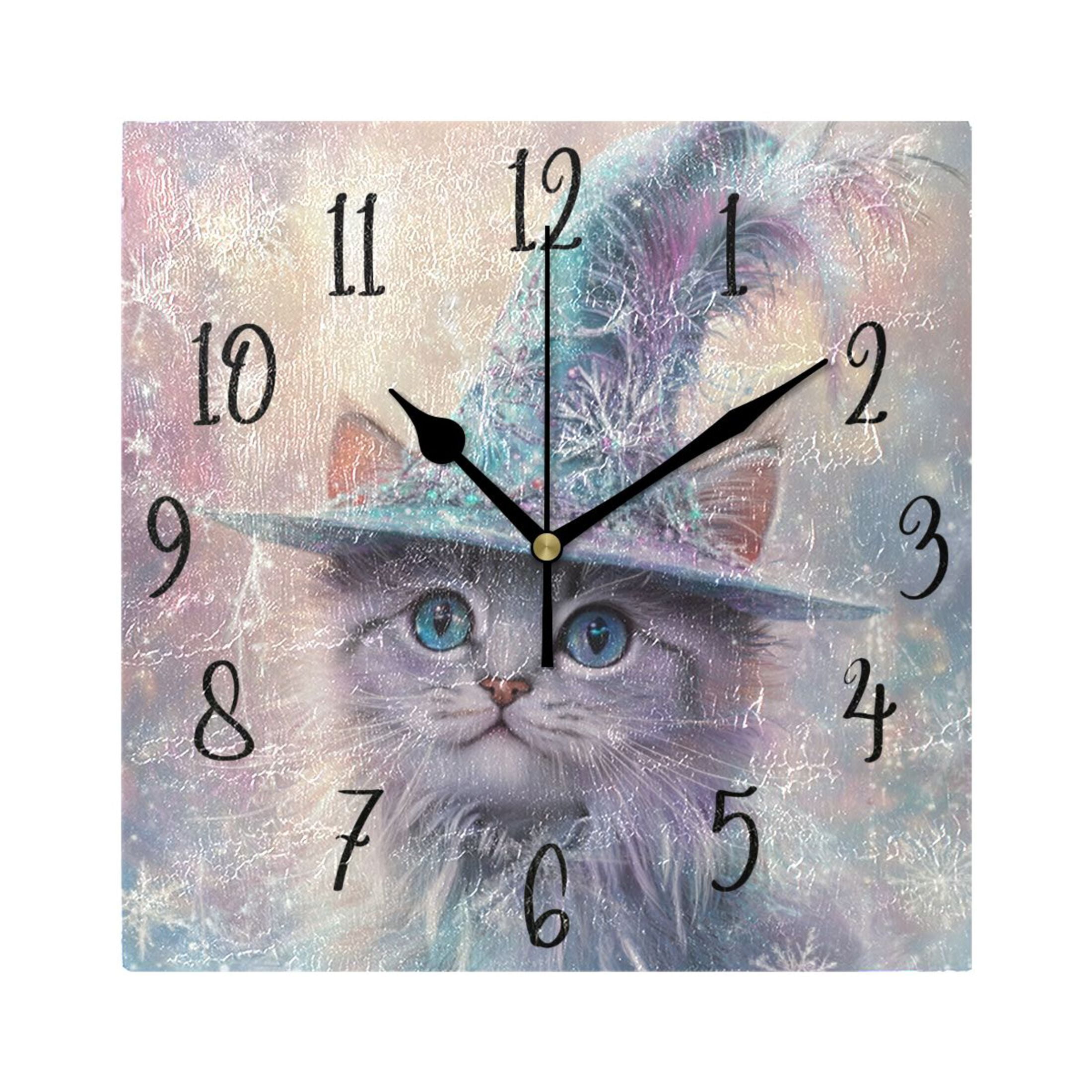 WOBOGO Fluffy Cat Wearing A Magic Hat Wall Clock 7.78 Inch Battery ...