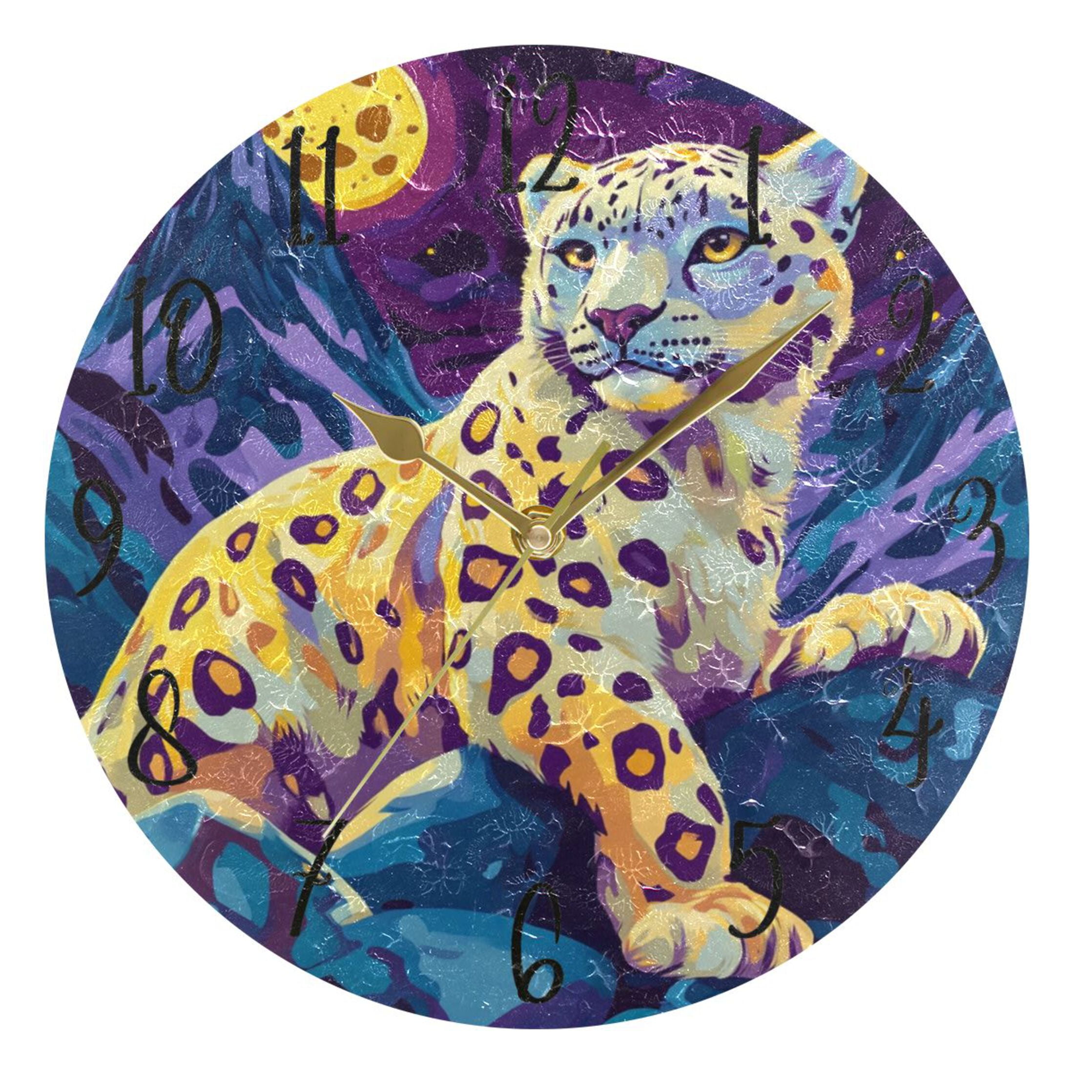 WOBOGO Full Moon Snow Leopard Wall Clock 10in Silent Mechanism Battery ...