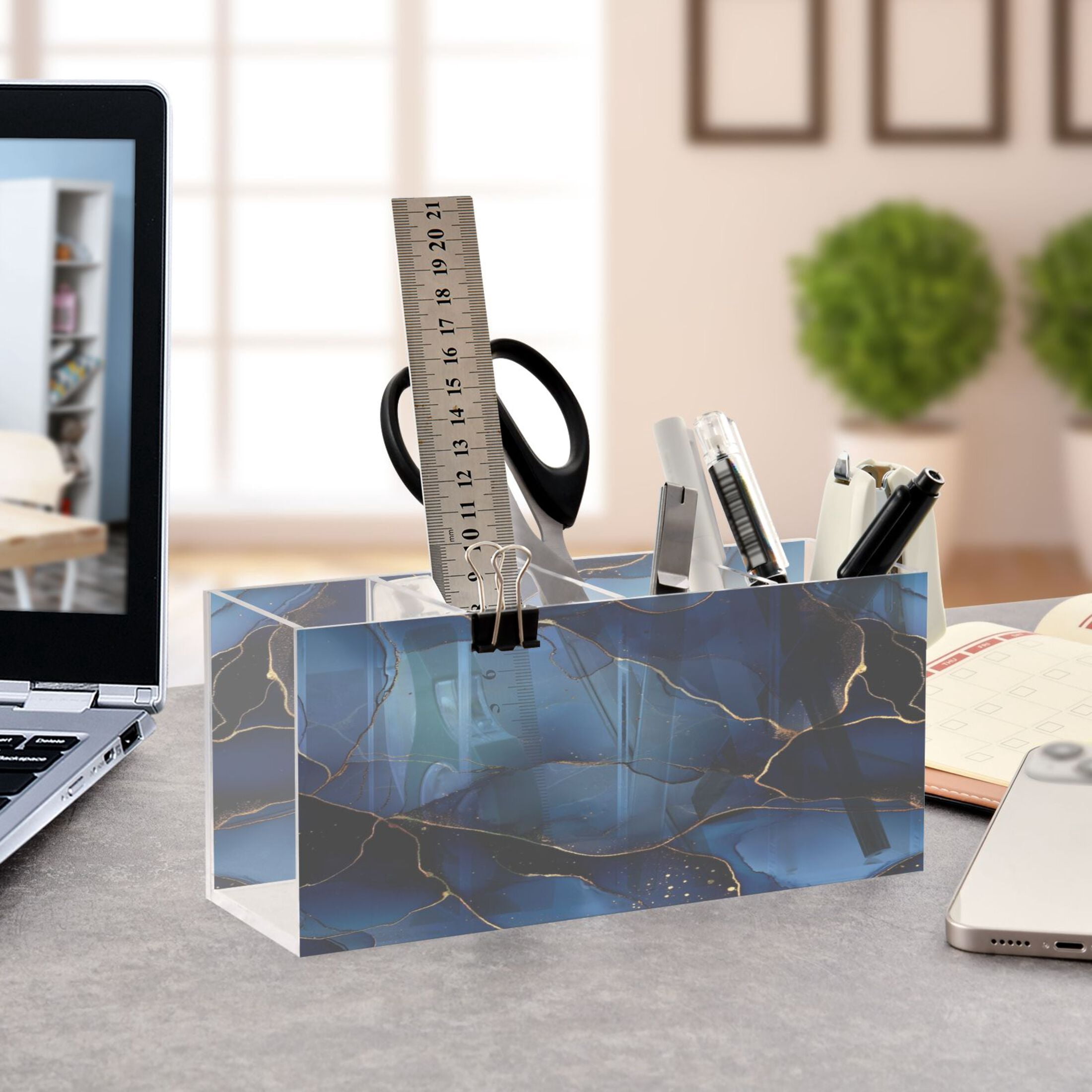 WOBOGO Gilt Navy Blue Marble Acrylic Pen Holder 4 Compartments Clear ...