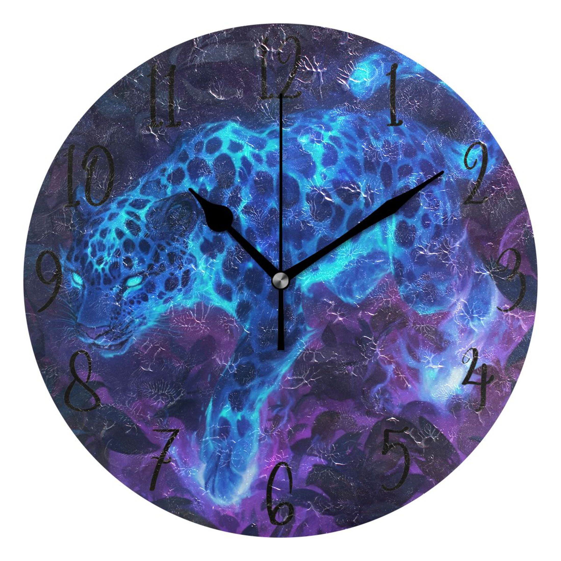 WOBOGO Glowing Blue Leopard Wall Clock 10in Silent Mechanism Battery ...