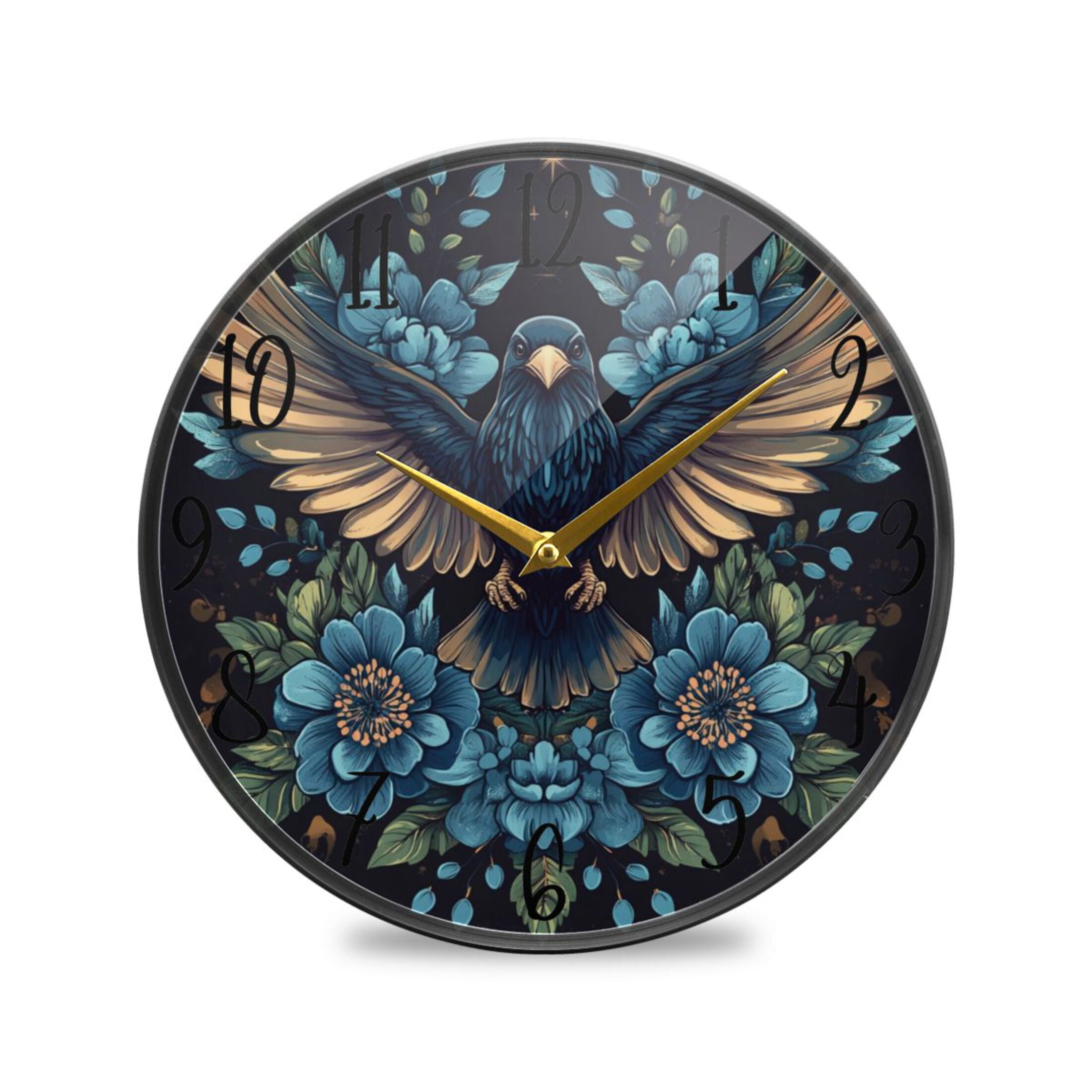 WOBOGO Golden Winged Crow Pattern Acrylic Wall Clock Battery Operated ...