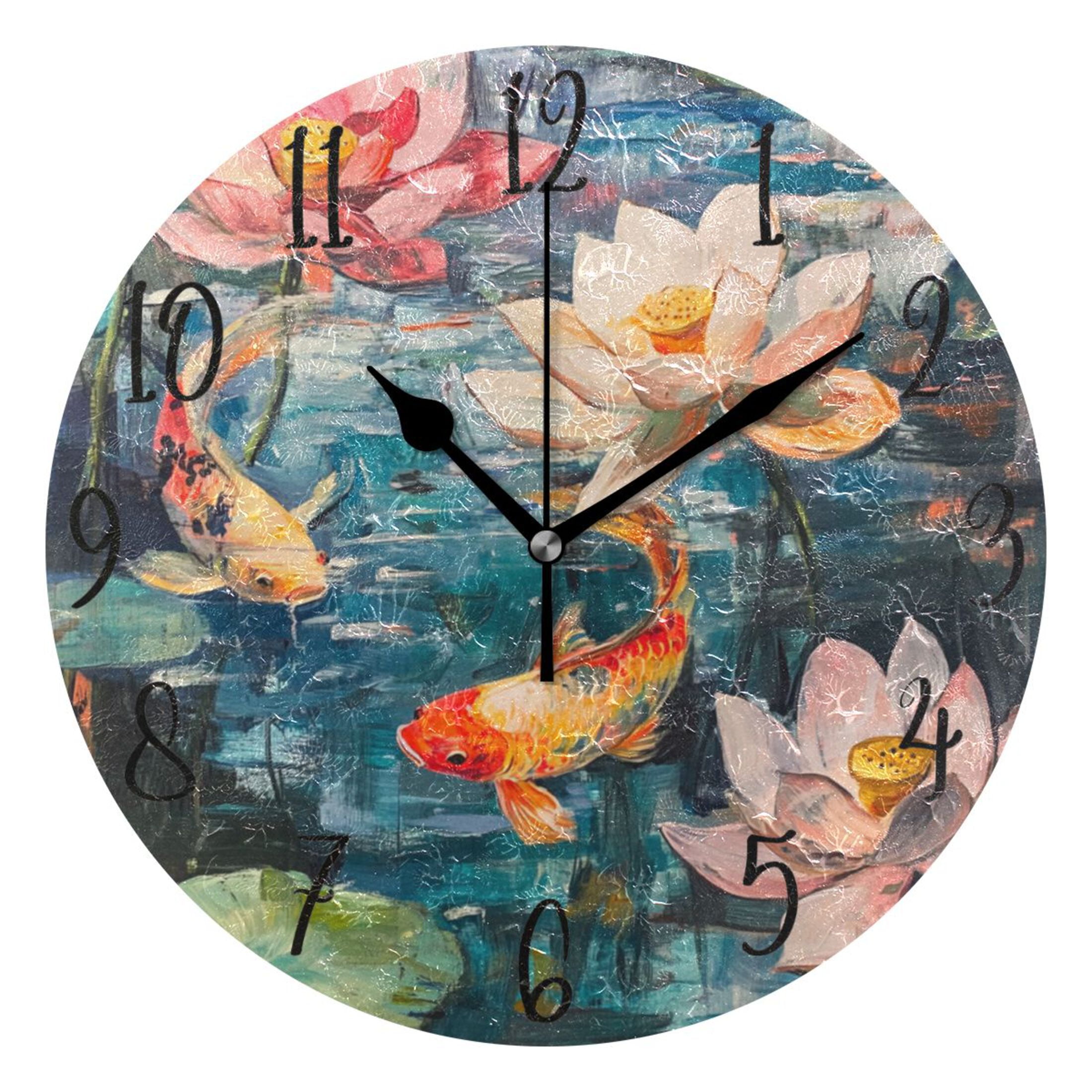WOBOGO Goldfish in The Lotus Pond Wall Clock 10in Silent Mechanism ...