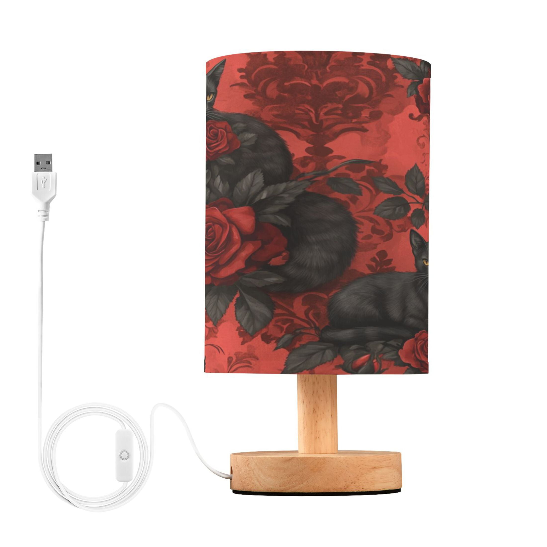 WOBOGO Gothic Roses Black Cats Pattern Bedroom Table Lamp USB Power ...