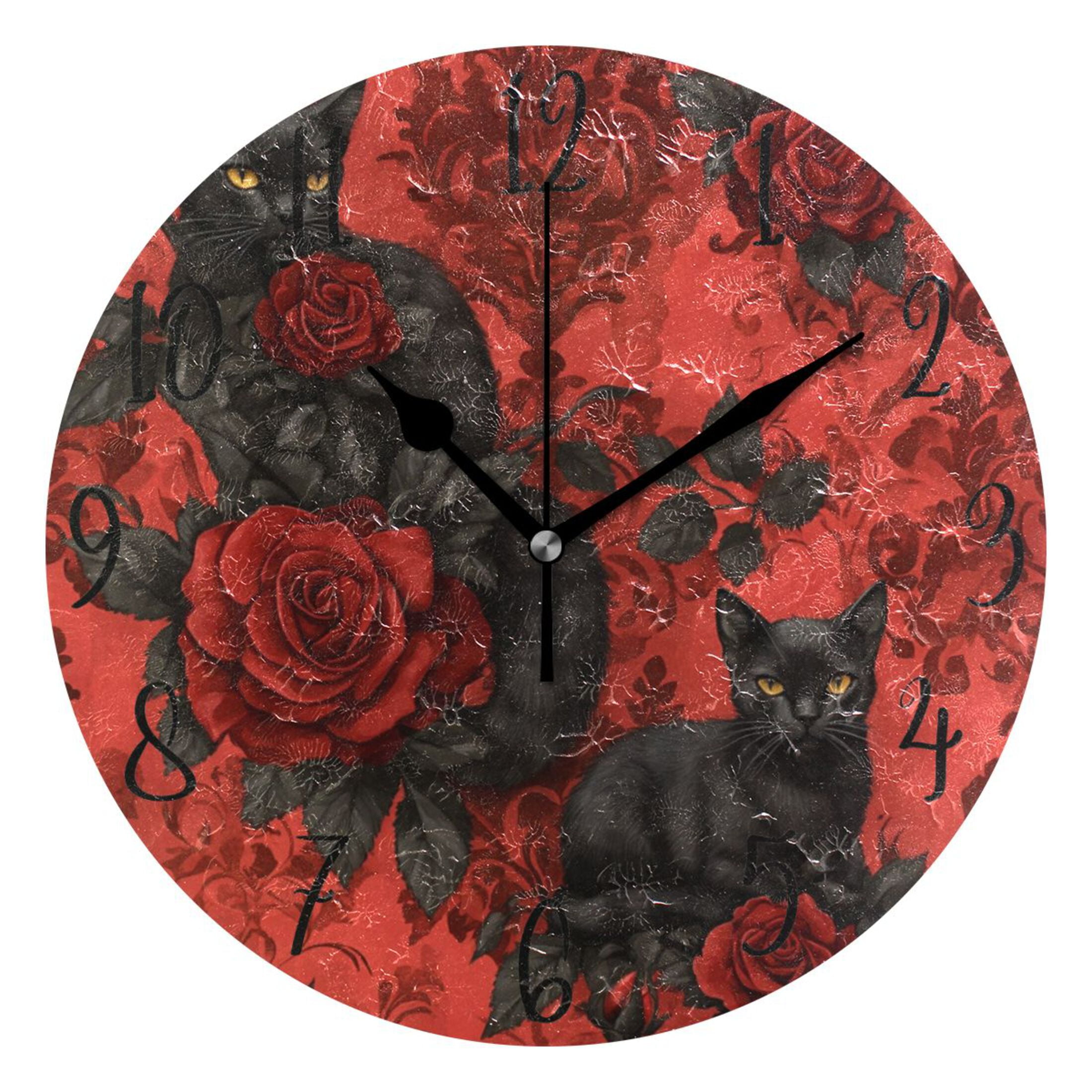 WOBOGO Gothic Roses Black Cats Pattern Wall Clock 10in Silent Mechanism ...