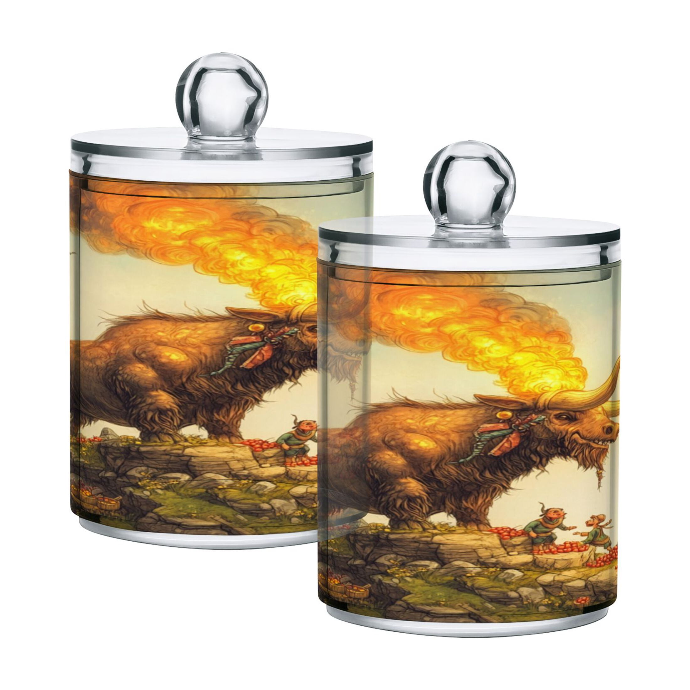 WOBOGO Great Fire Cow Pattern Transparent Plastic Jar 4pcs Cotton Swabs ...