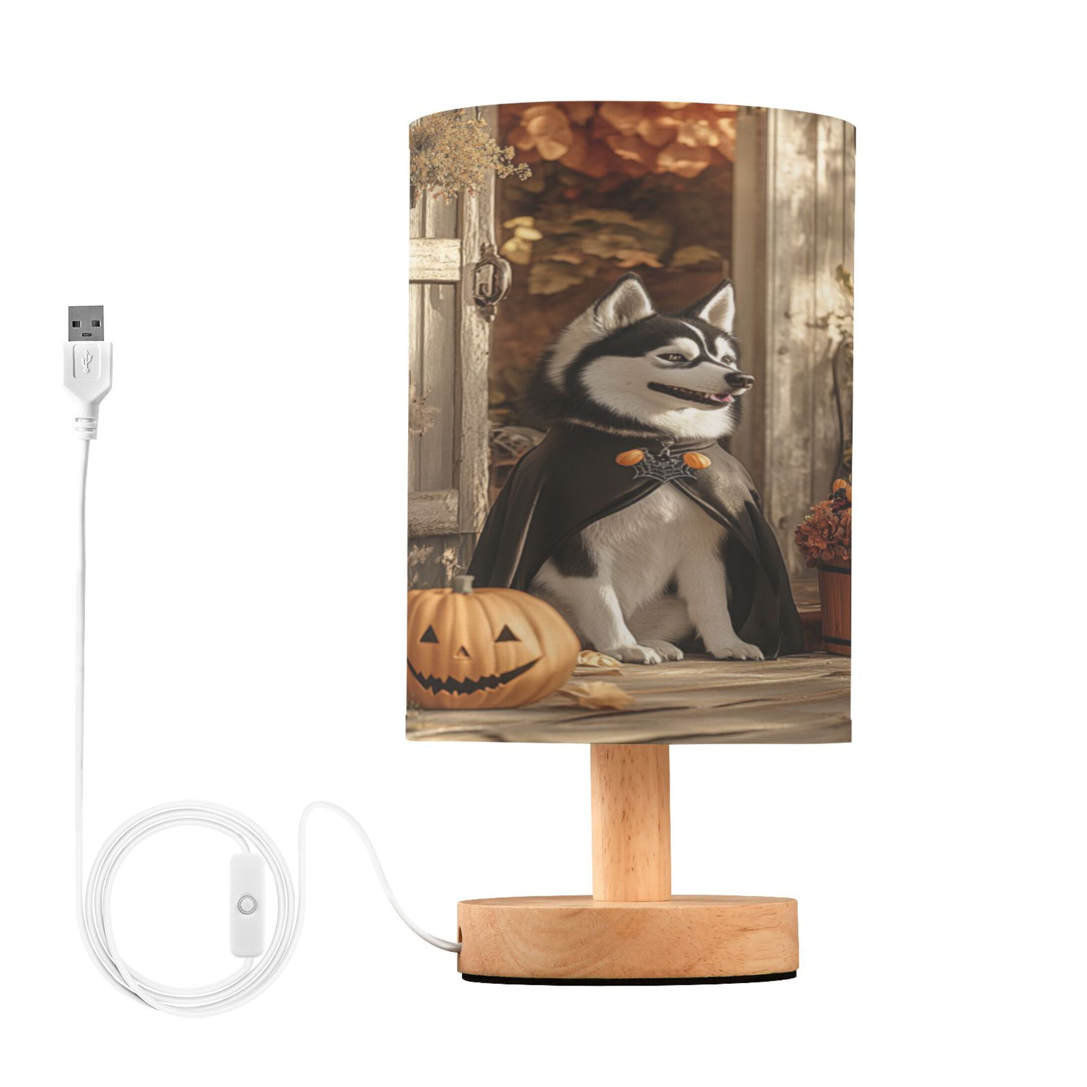 WOBOGO Hallowween Husky Bedroom Table Lamp USB Power Connector Wooden ...