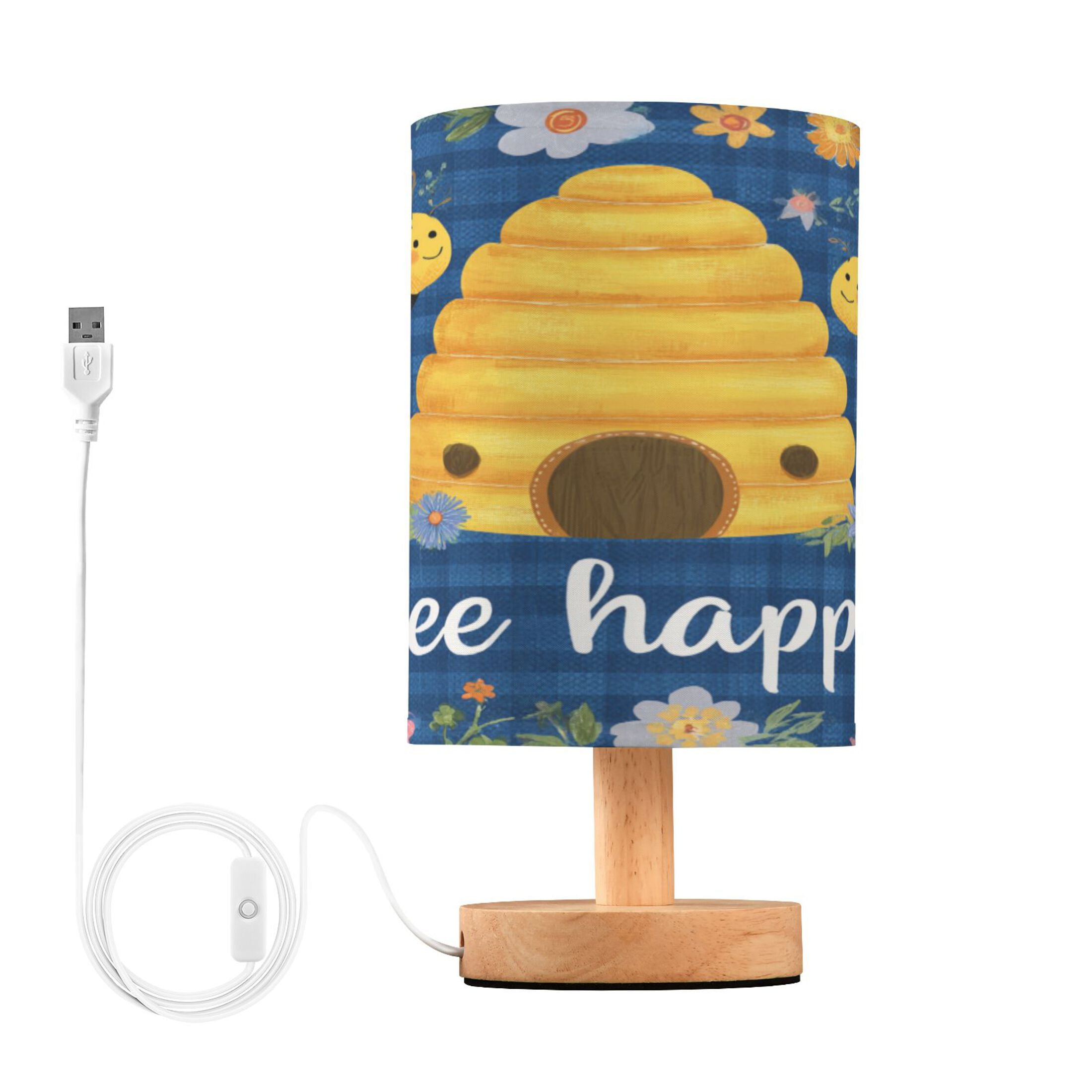WOBOGO Happy Bees Bedroom Table Lamp USB Power Connector Wooden Base ...