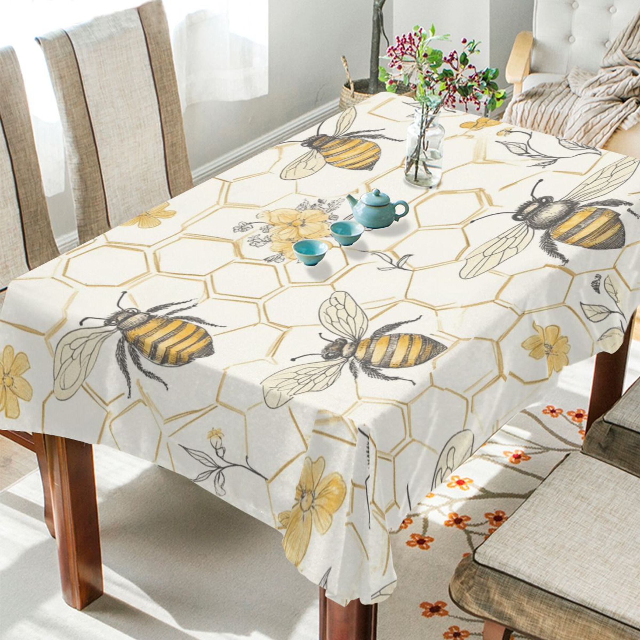 WOBOGO Honeycomb with Bees Pattern Square Tablecloth 60×108in Polyester ...