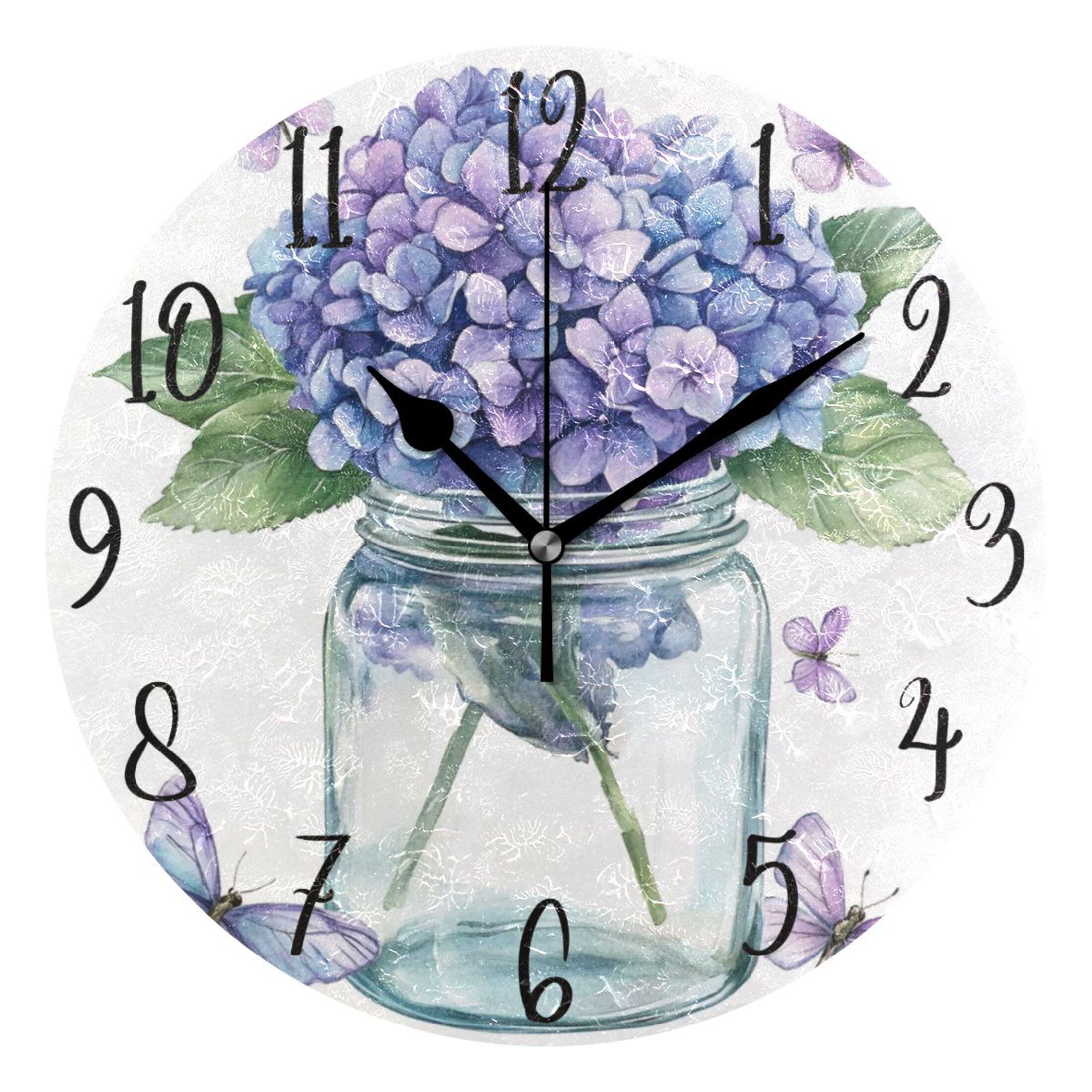 WOBOGO Hydrangea Vase Wall Clock 10in Silent Mechanism Battery Operated ...