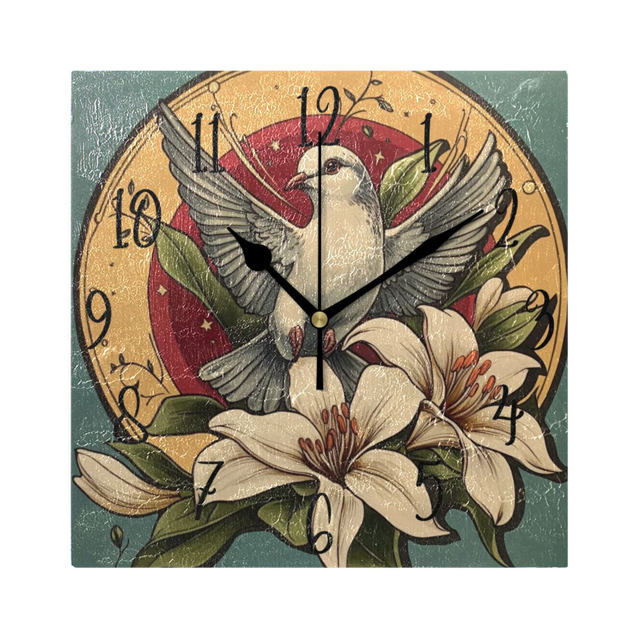 WOBOGO Illustration Of A Dove Of Peace with White Lily Wall Clock 7.78 ...