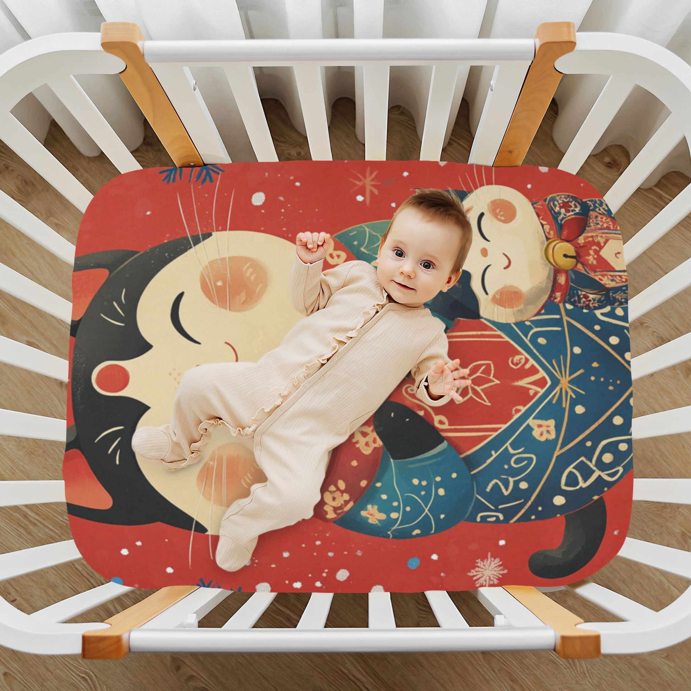 WOBOGO Illustration Of Fortune Cats with Blue Snowflakes Baby Crib ...