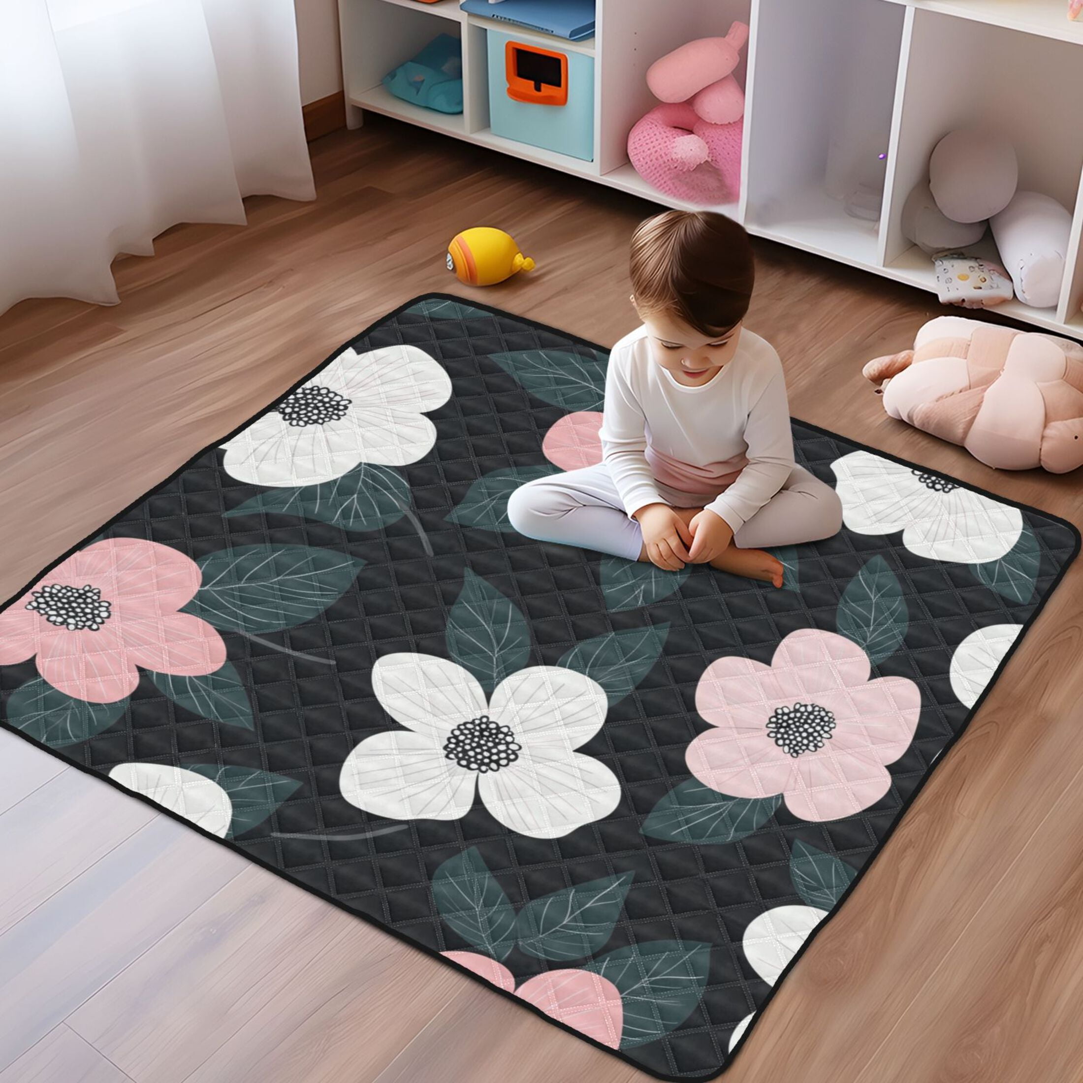 WOBOGO Illustration Of Pink and White Flowers Baby Playmats Extra Large ...