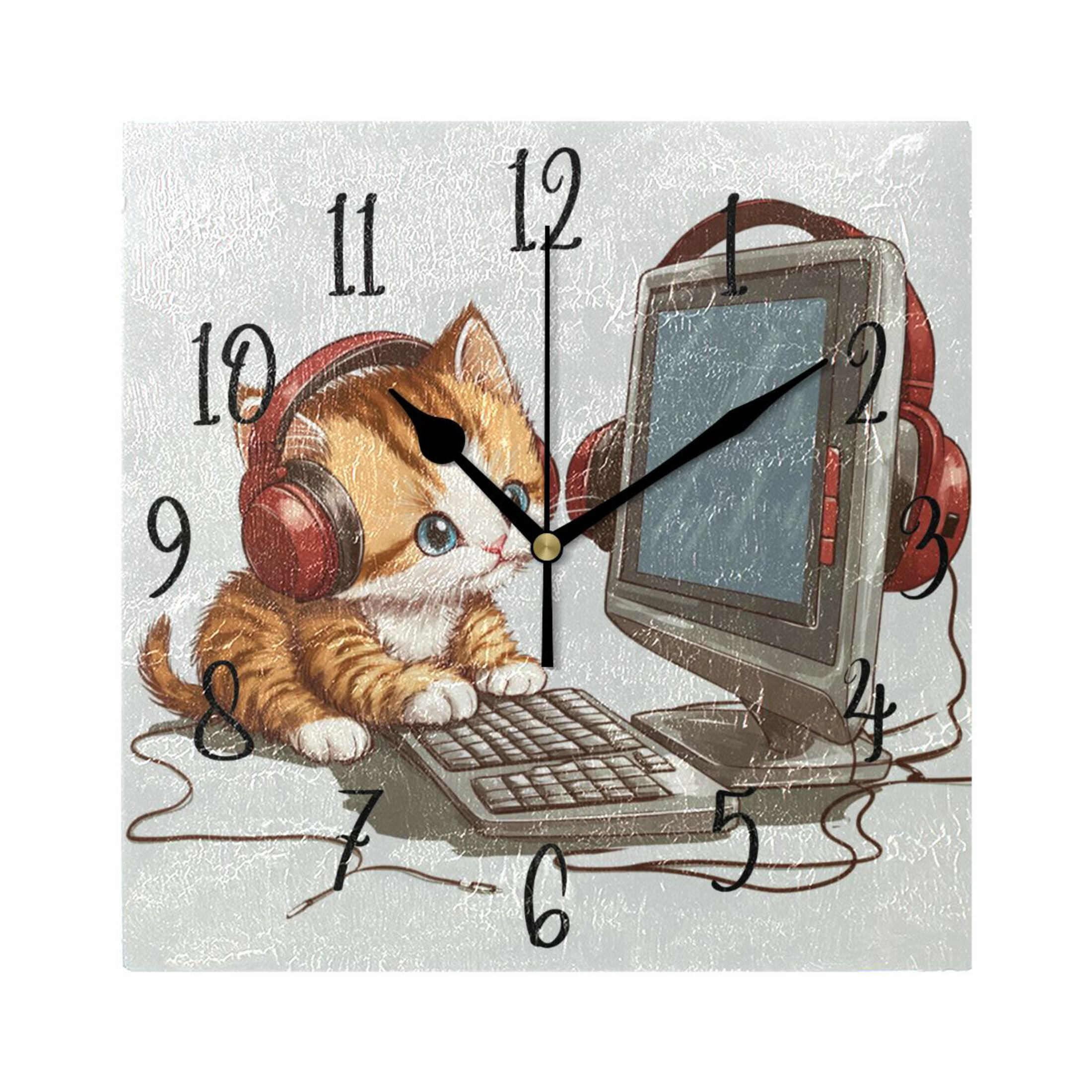 WOBOGO Kittens Play Computer Wall Clock 7.78 Inch Battery Operated ...