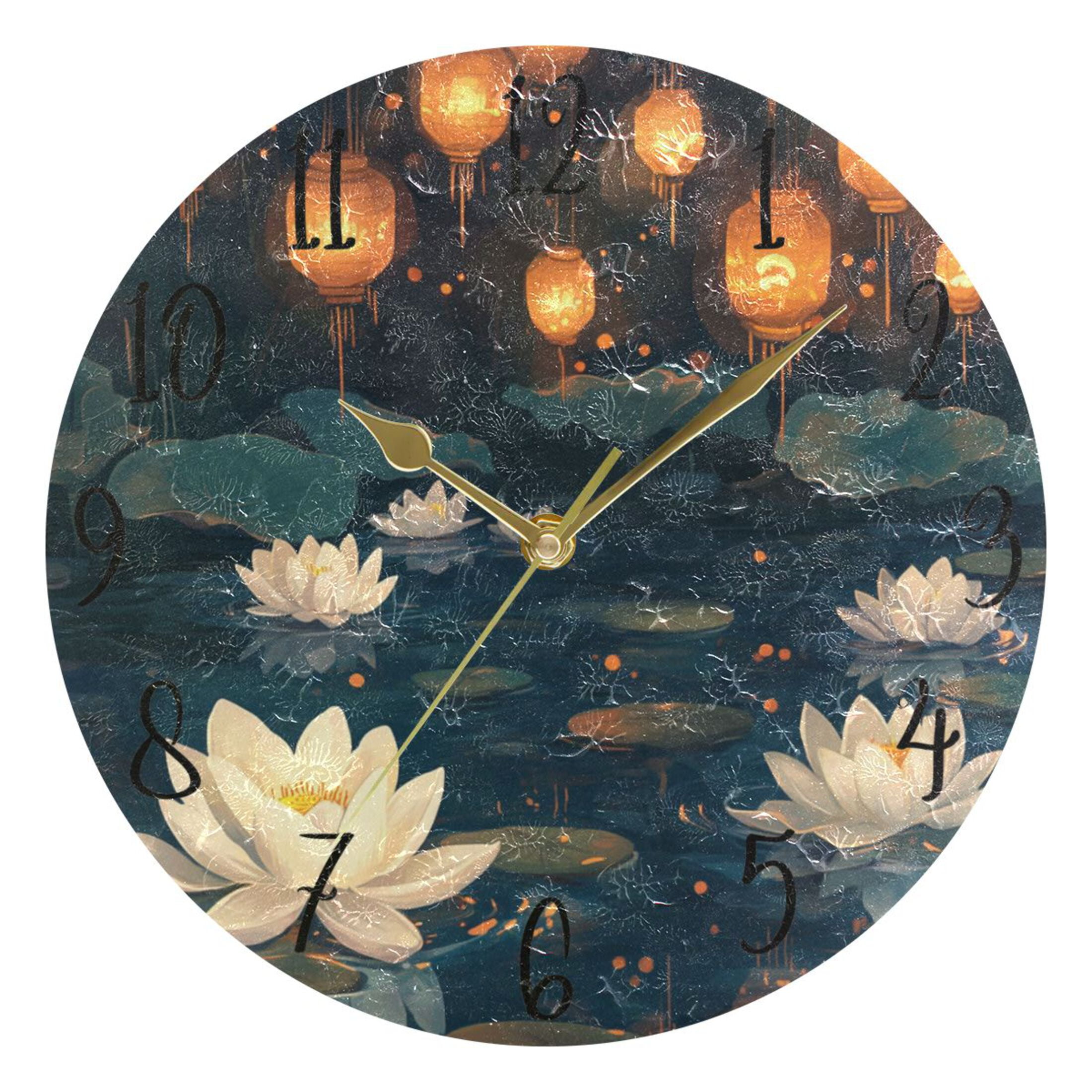 WOBOGO Kong Ming Lanterns Lotus Pond Wall Clock 10in Silent Mechanism ...