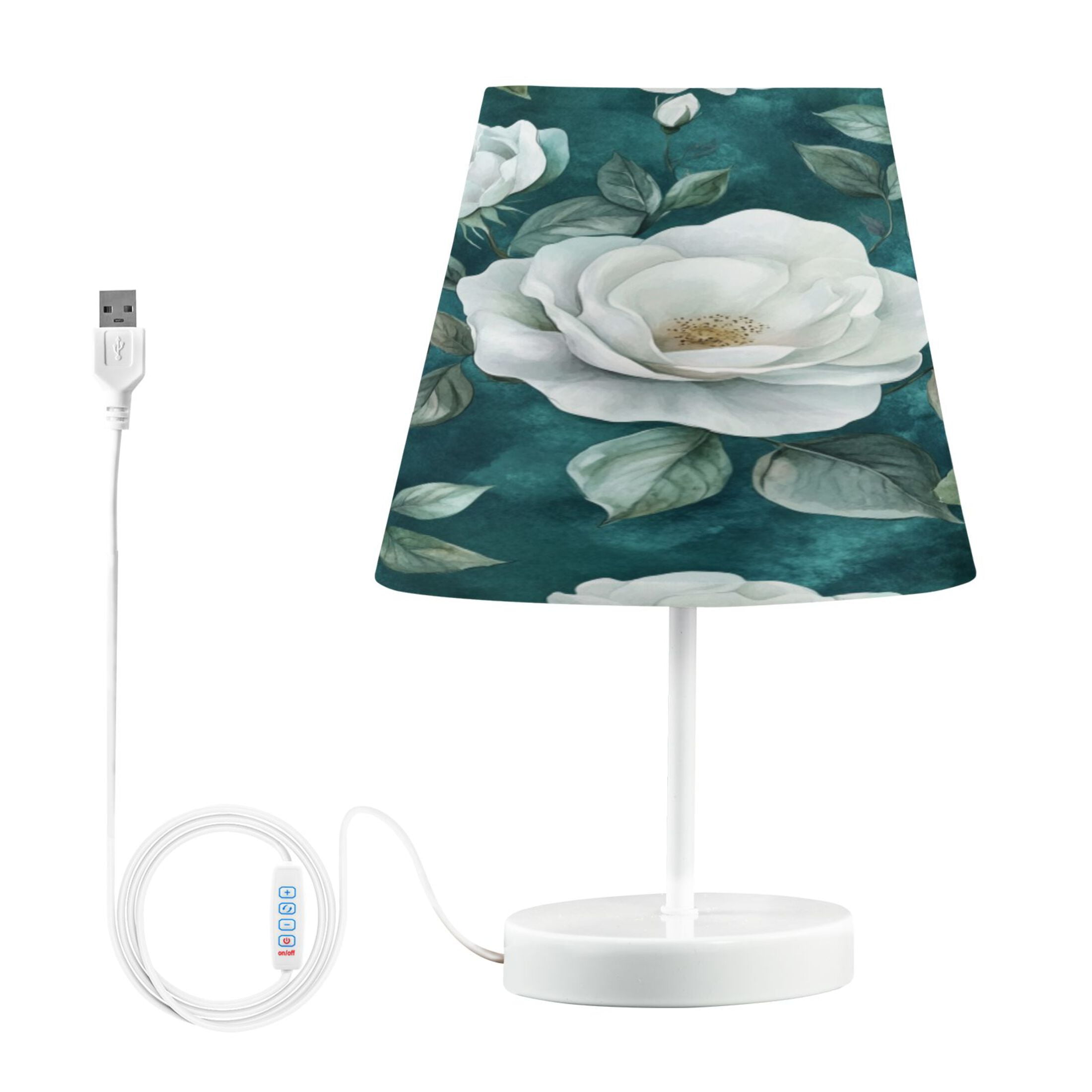 WOBOGO Large White Roses Pattern Table Lamps Bedroom 3-Speed Dimmable ...