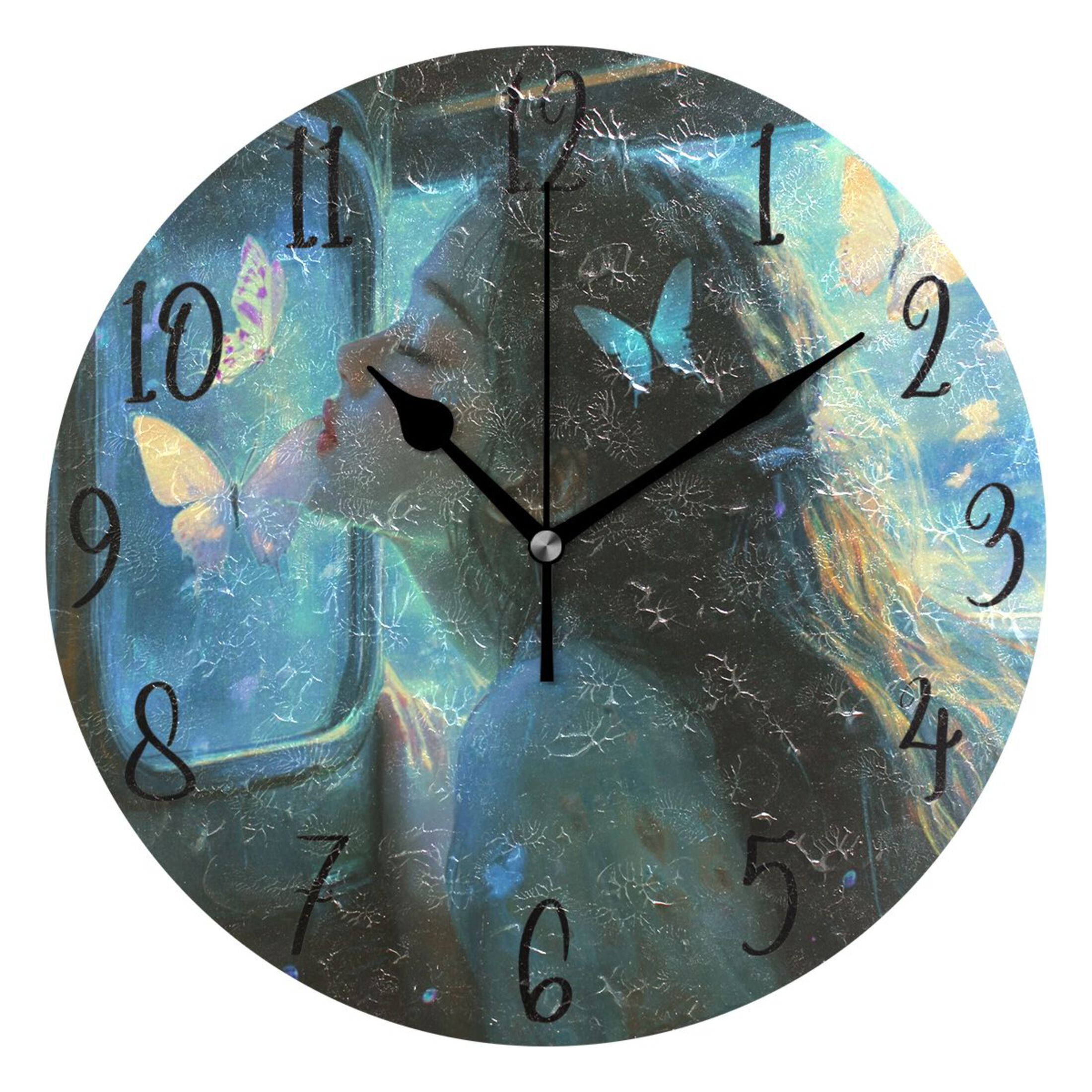 WOBOGO Lass Surrounded by Butterflies Wall Clock 10in Silent Mechanism Battery Operated Retro ...