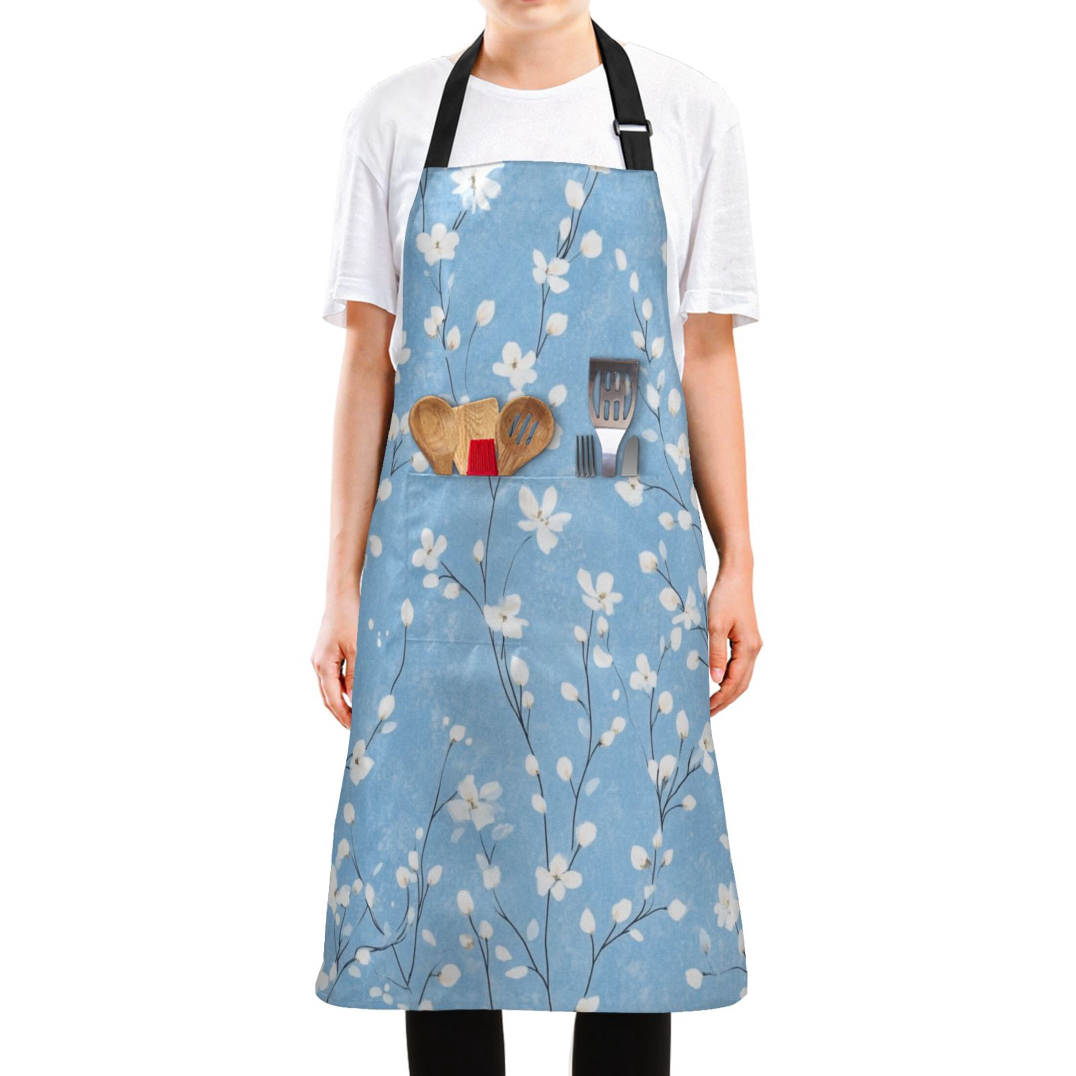 WOBOGO Light Blue Background with White Floral Pattern Long Apron ...