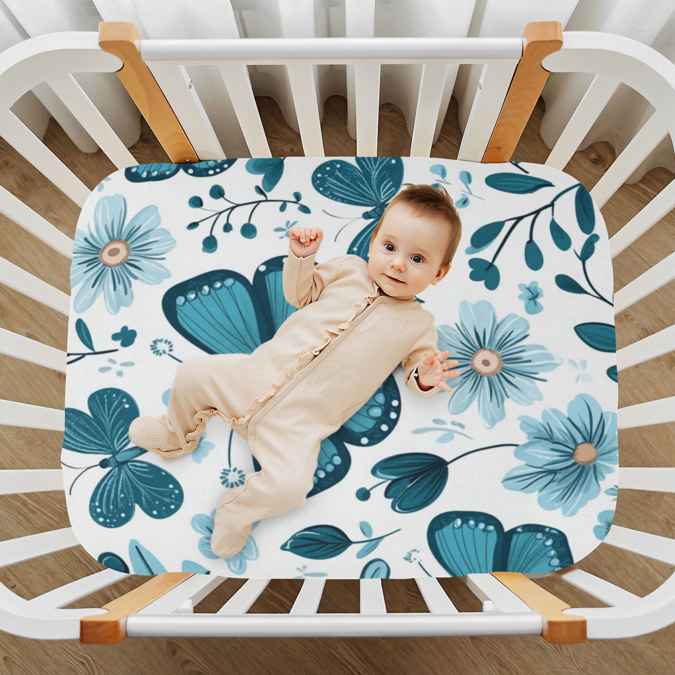WOBOGO Light Blue Butterflies Flowers and Leaves Baby Crib Sheets Super ...