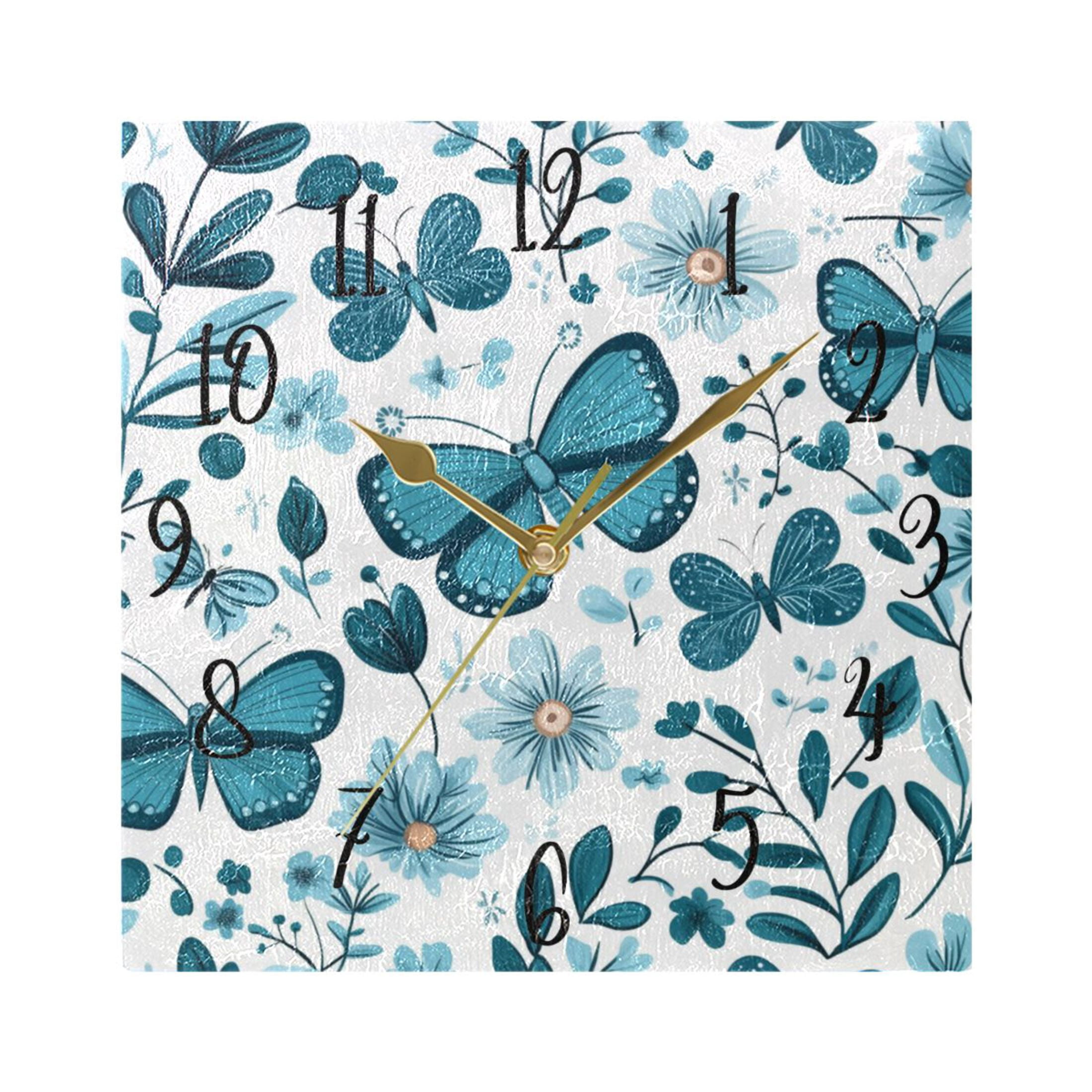 WOBOGO Light Blue Butterflies Flowers and Leaves Wall Clock 7.78 Inch ...