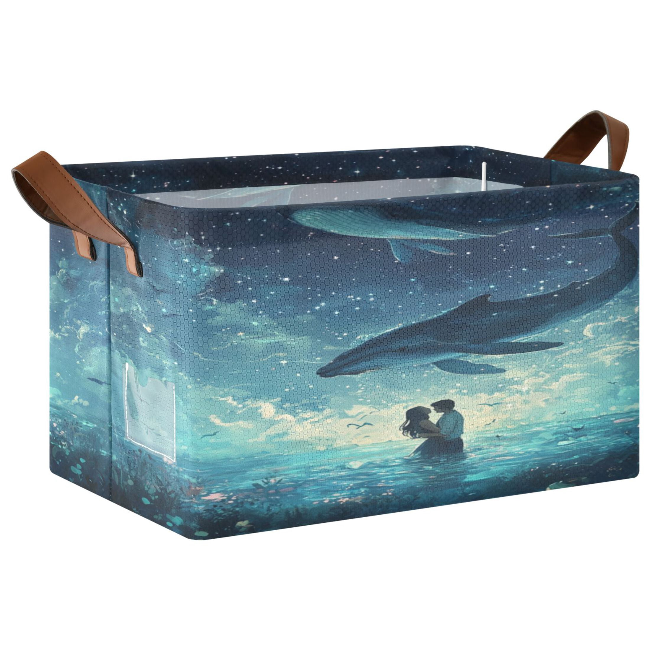 WOBOGO Lovers Whales Pattern Storage Basket 16.9×11.4×10in Collapsible ...