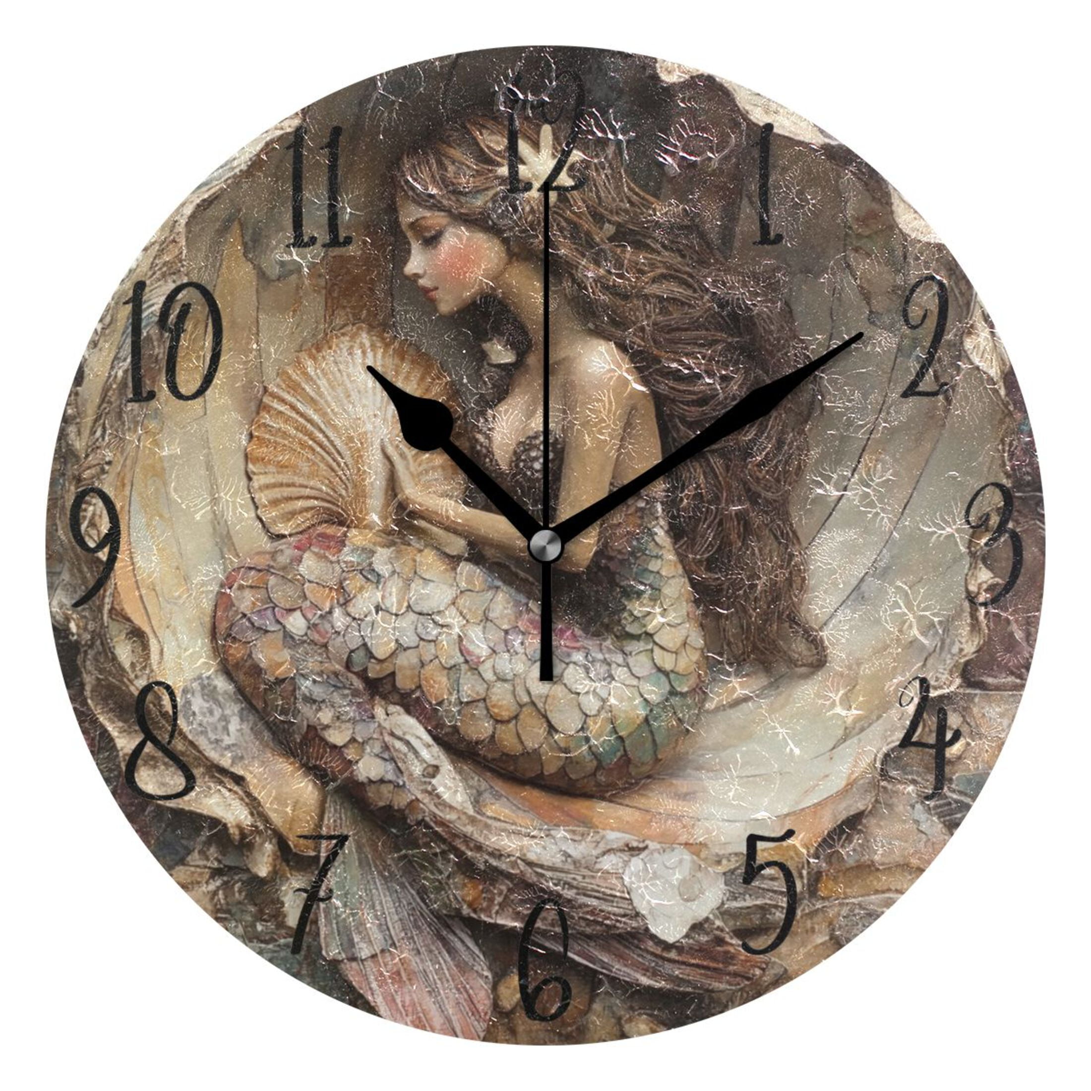 WOBOGO Mermaid Inside The Shell Wall Clock 10in Silent Mechanism ...
