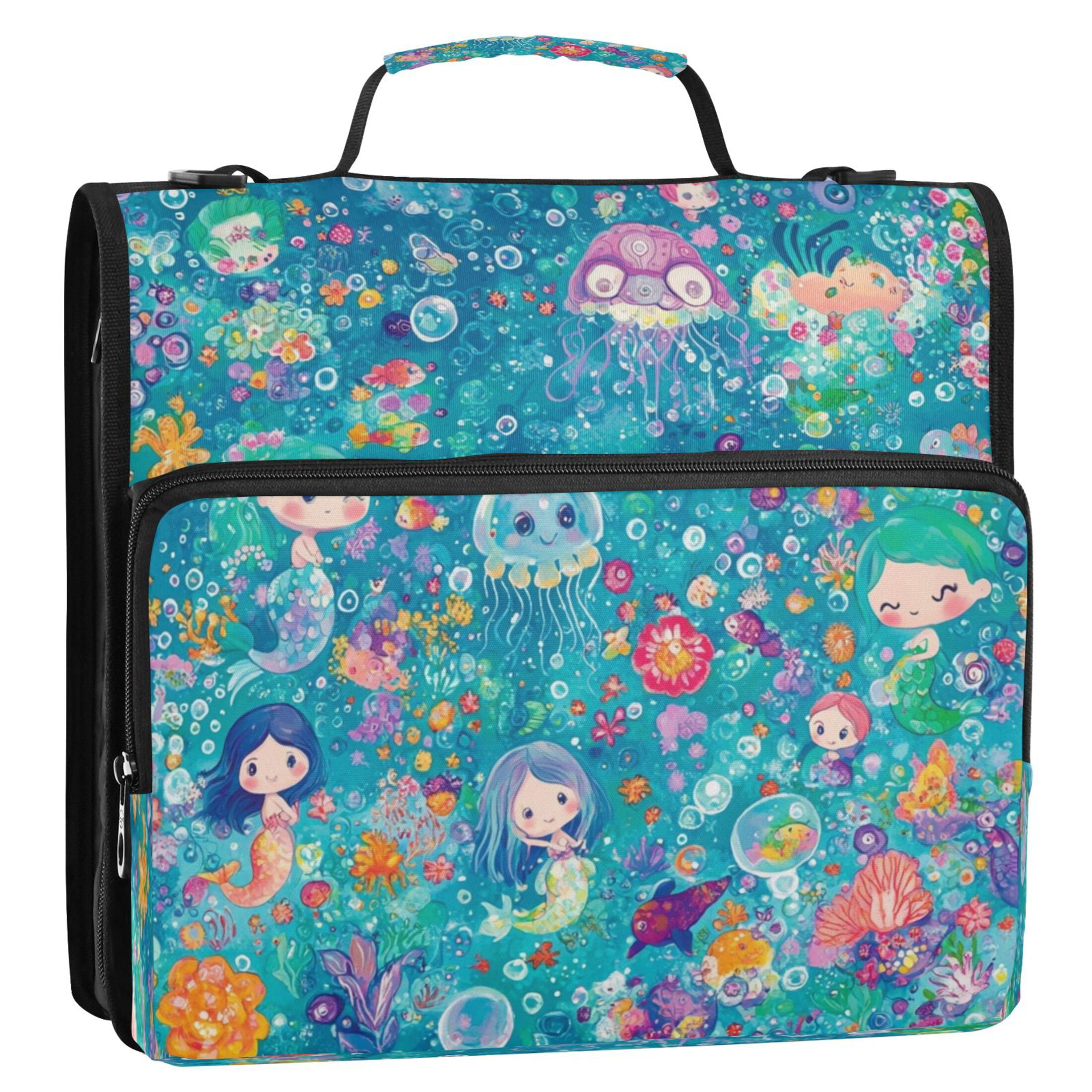 WOBOGO Mermaid Jellyfish Colorful Patterns Ring Binder Bag 1.5in Folder ...