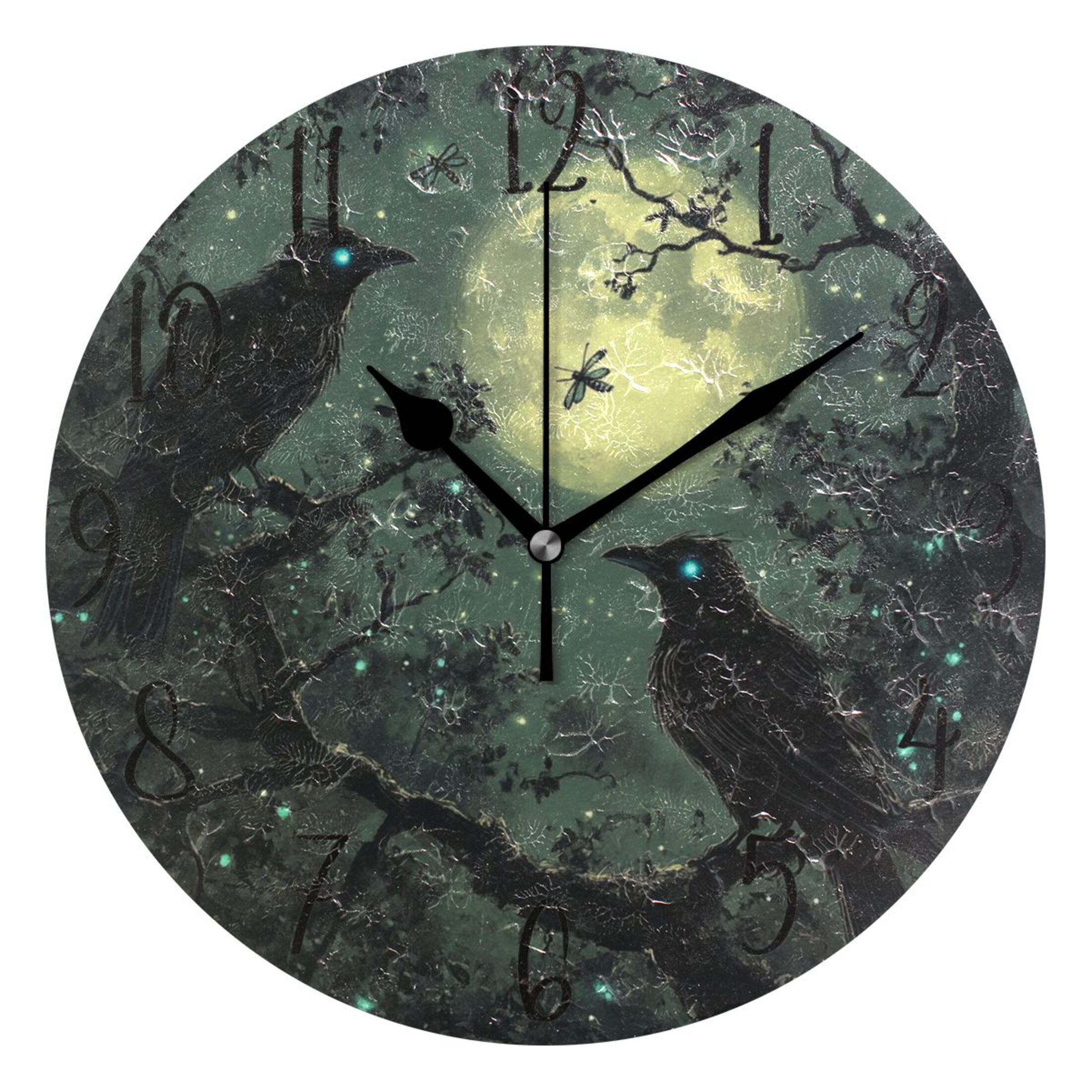WOBOGO Midnight Dark Crow Wall Clock 10in Silent Mechanism Battery ...