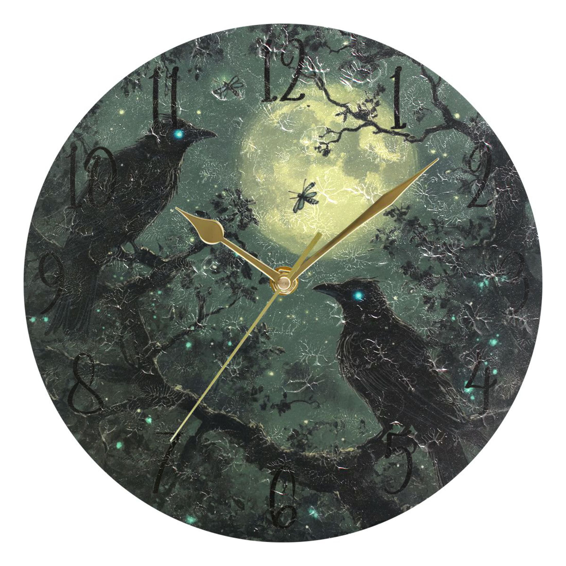 WOBOGO Midnight Dark Crow Wall Clock 10in Silent Mechanism Battery ...