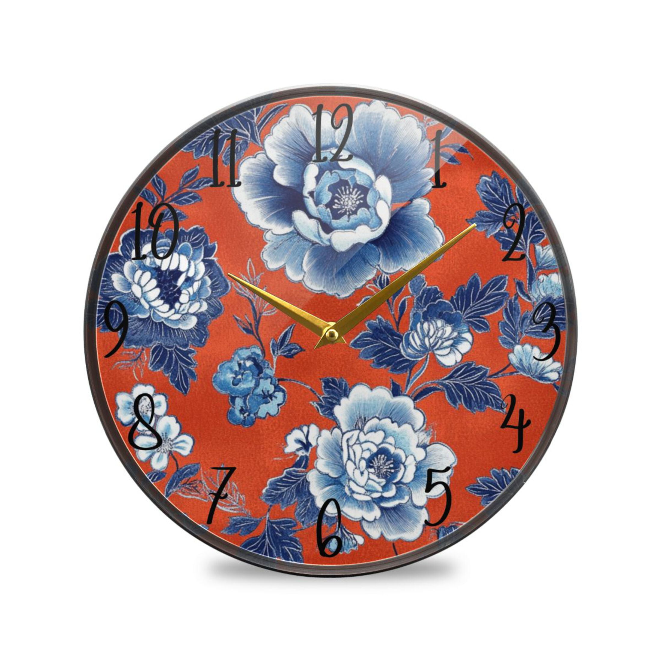 WOBOGO Navy Blue Porcelain Flower Pattern Acrylic Wall Clock Battery ...