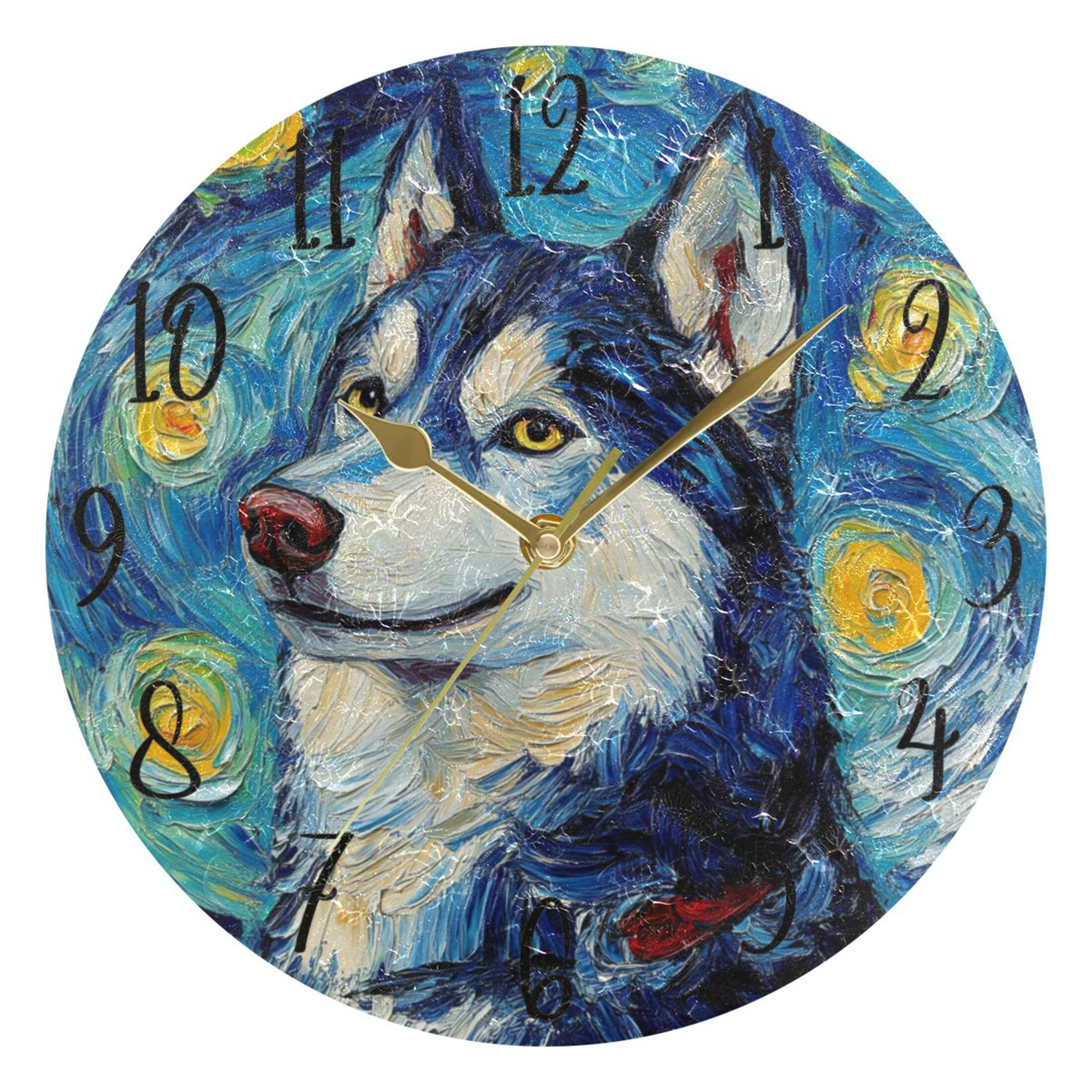 WOBOGO Oil Painting Styles Husky Wall Clock 10in Silent Mechanism ...