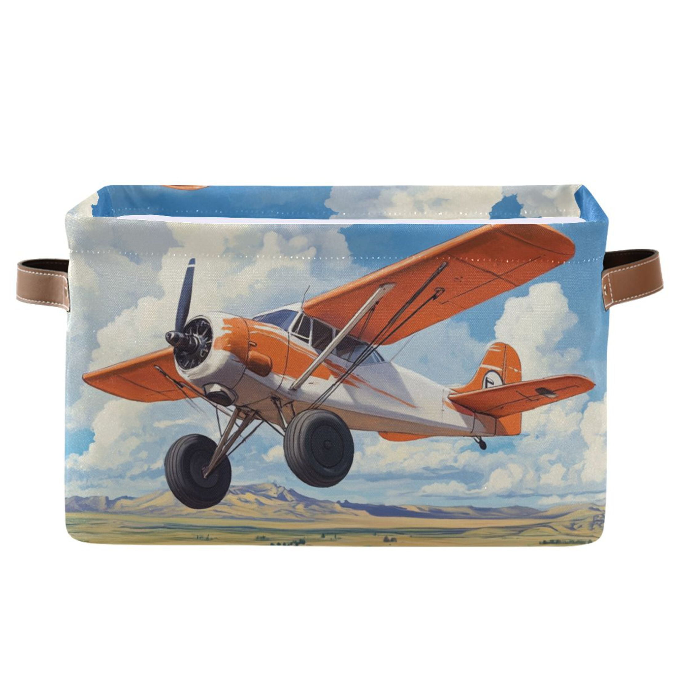 WOBOGO Orange Airplane Square Storage Basket with Waterproof Canvas and PE Lining Durable PU ...