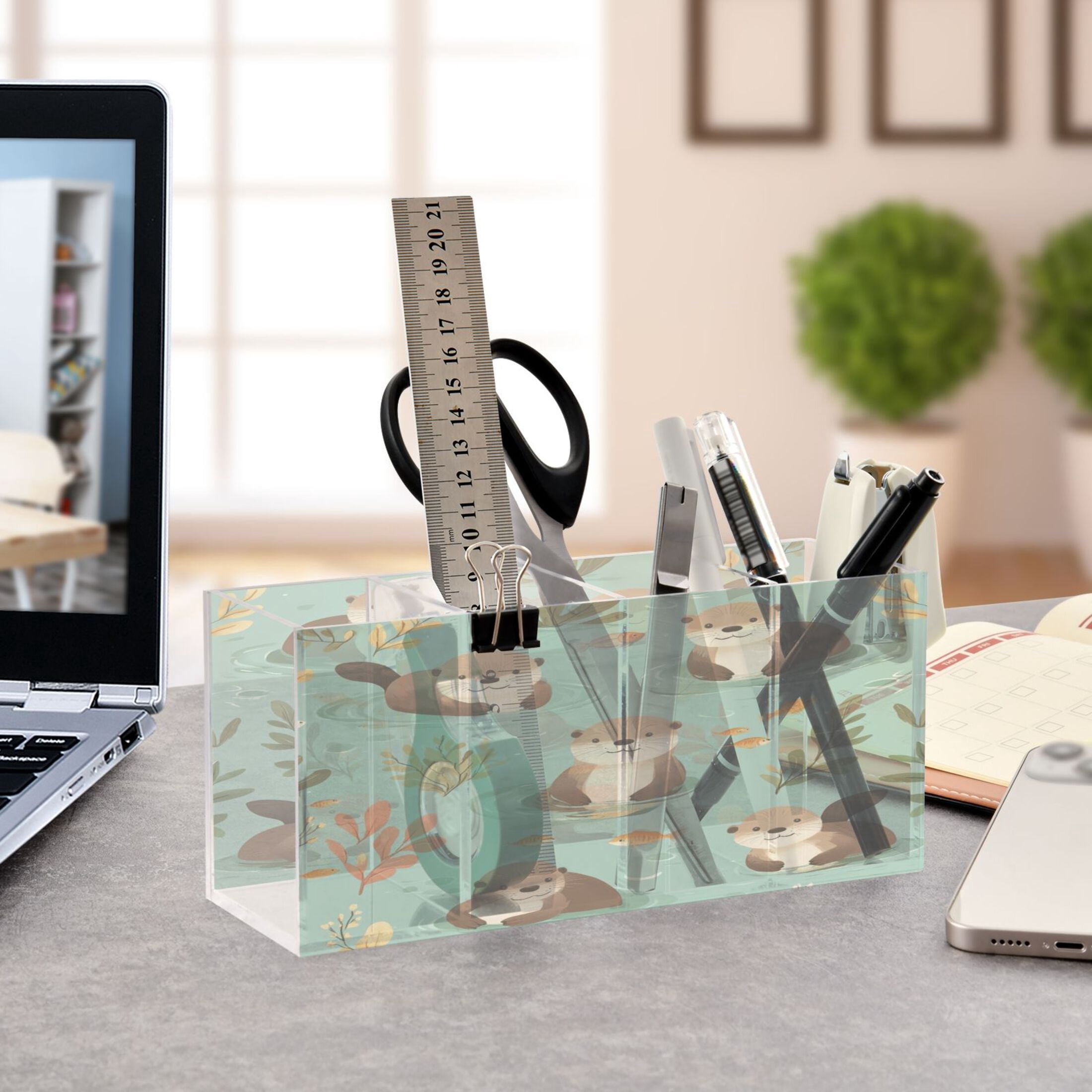 WOBOGO Otter Fish Seaweed Acrylic Pen Holder 4 Compartments Clear ...