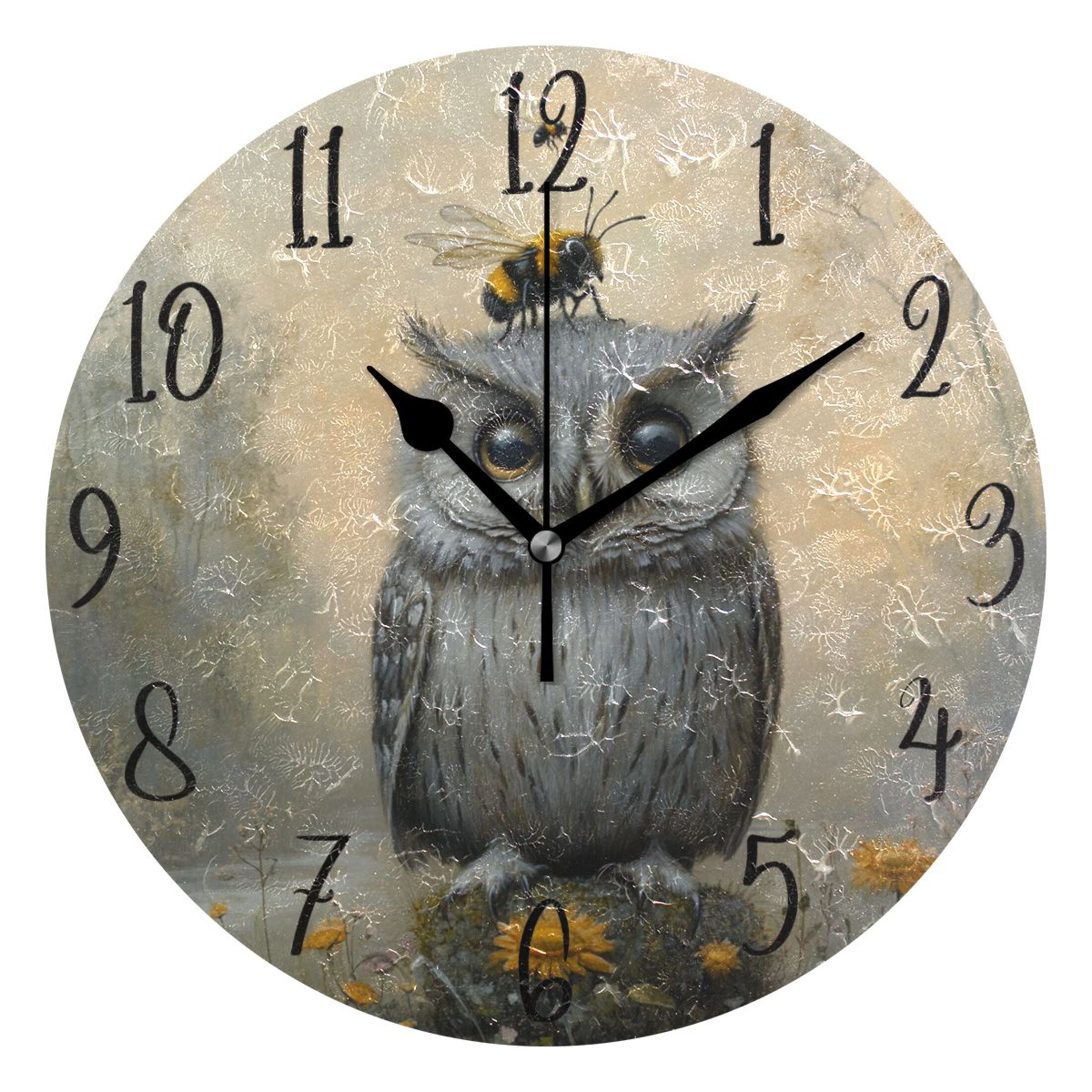 WOBOGO Owls and Bees Pattern Wall Clock 10in Silent Mechanism Battery ...