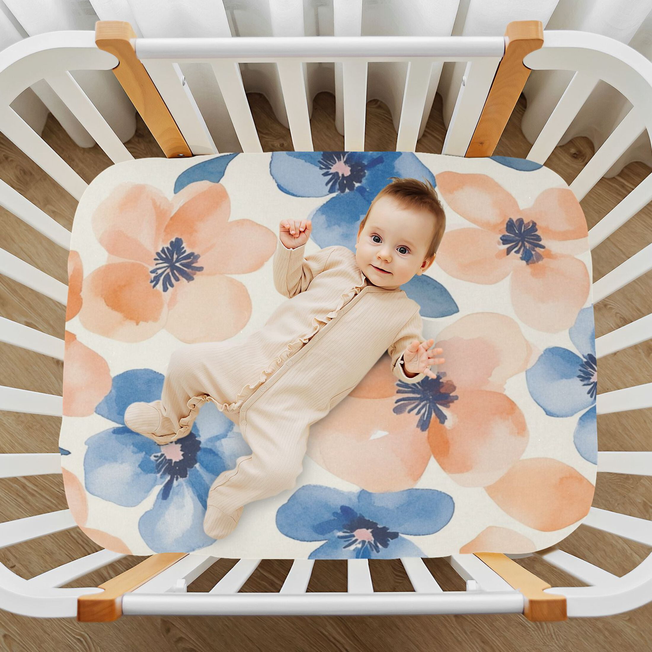 WOBOGO Pastel Peach and Blue Flowers Baby Crib Sheets Super Soft ...