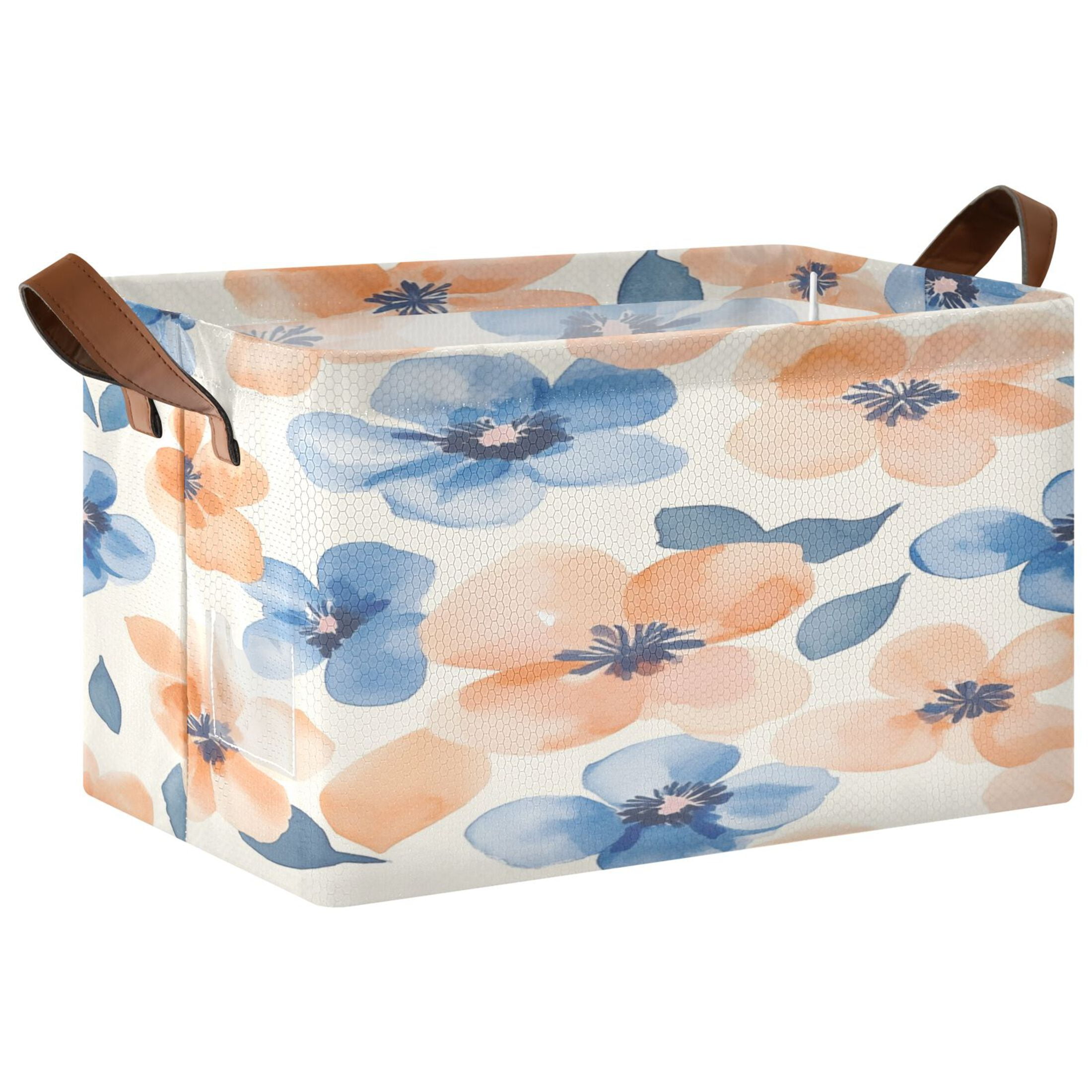 WOBOGO Pastel Peach and Blue Flowers Storage Basket 16.9×11.4×10in ...