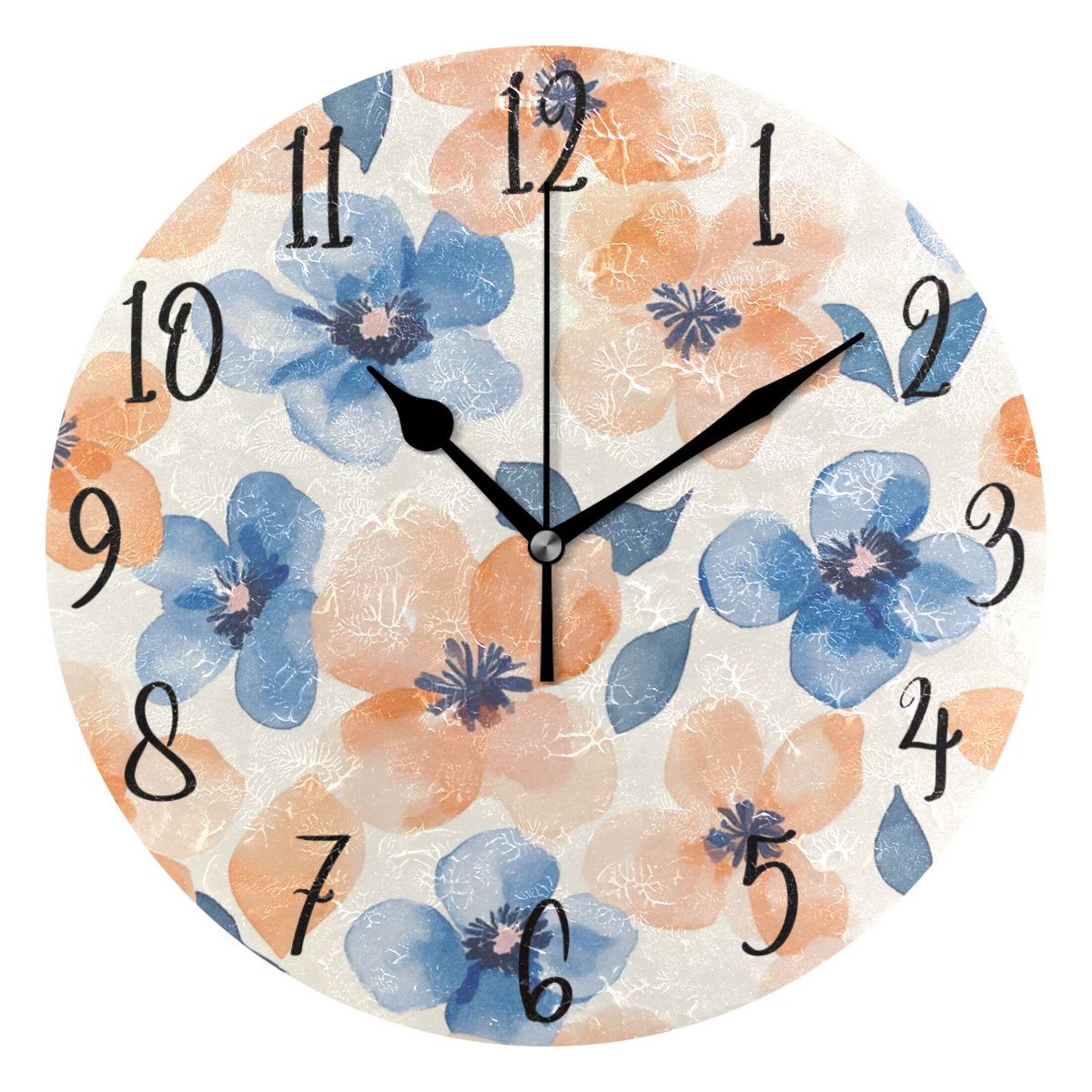 WOBOGO Pastel Peach and Blue Flowers Wall Clock 10in Silent Mechanism ...